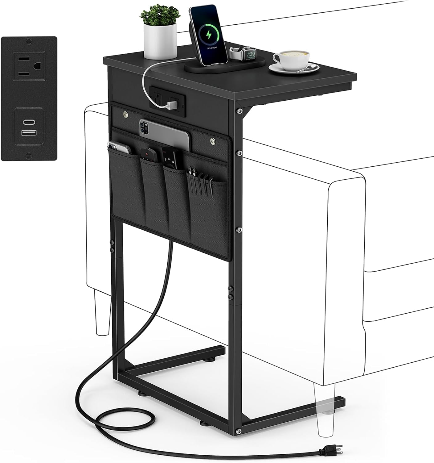 C Shaped End Table with Charging Station, 28" Tall Side Table for Couch, Small Slide Under Sofa ...