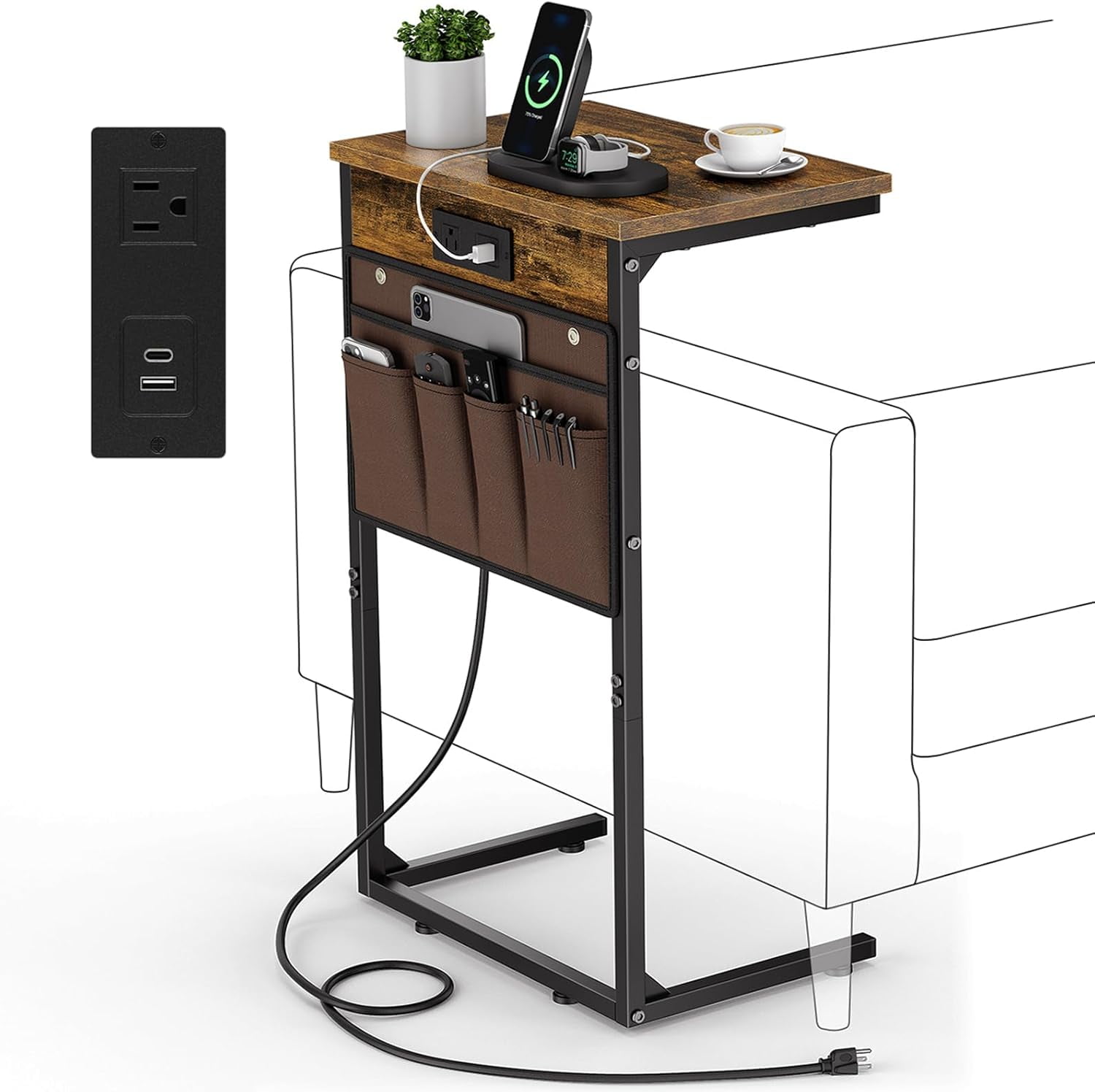C Shaped End Table with Charging Station, 28" Tall Side Table for Couch ...