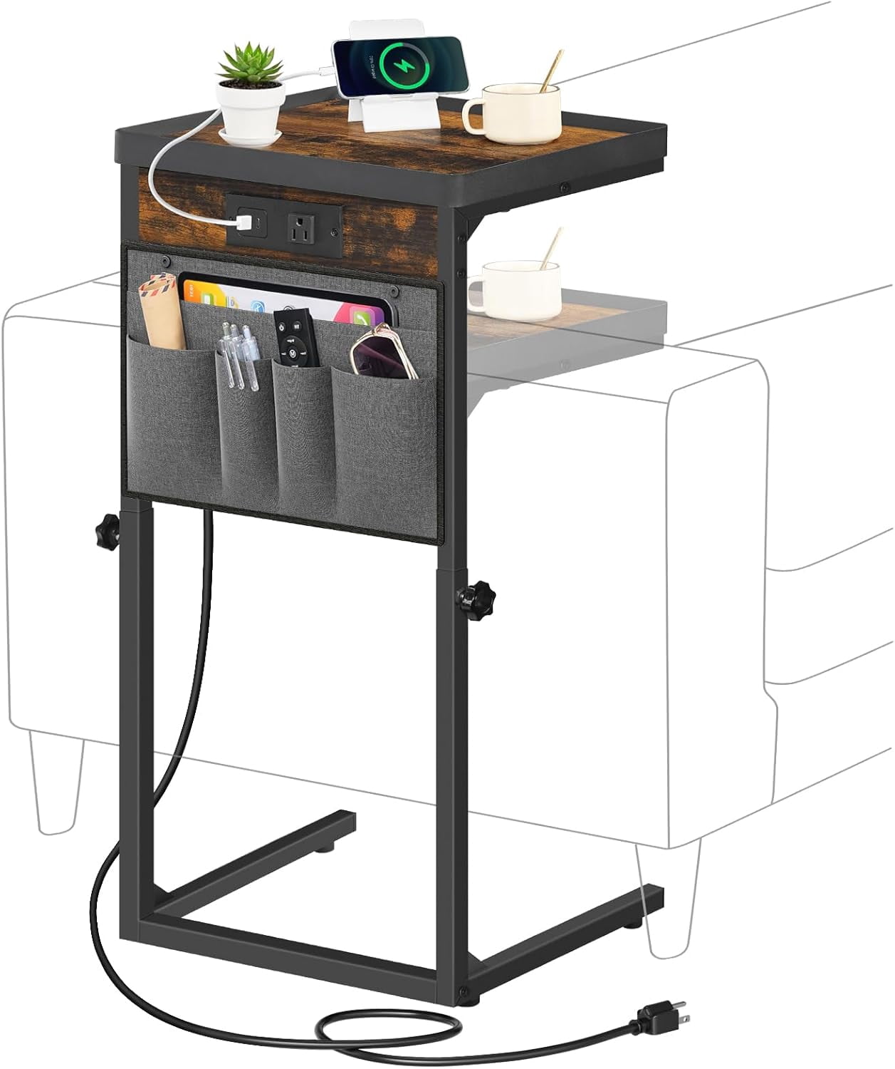 C-Shaped End Table with Charging Station, 29.5” Adjustable Height Side ...