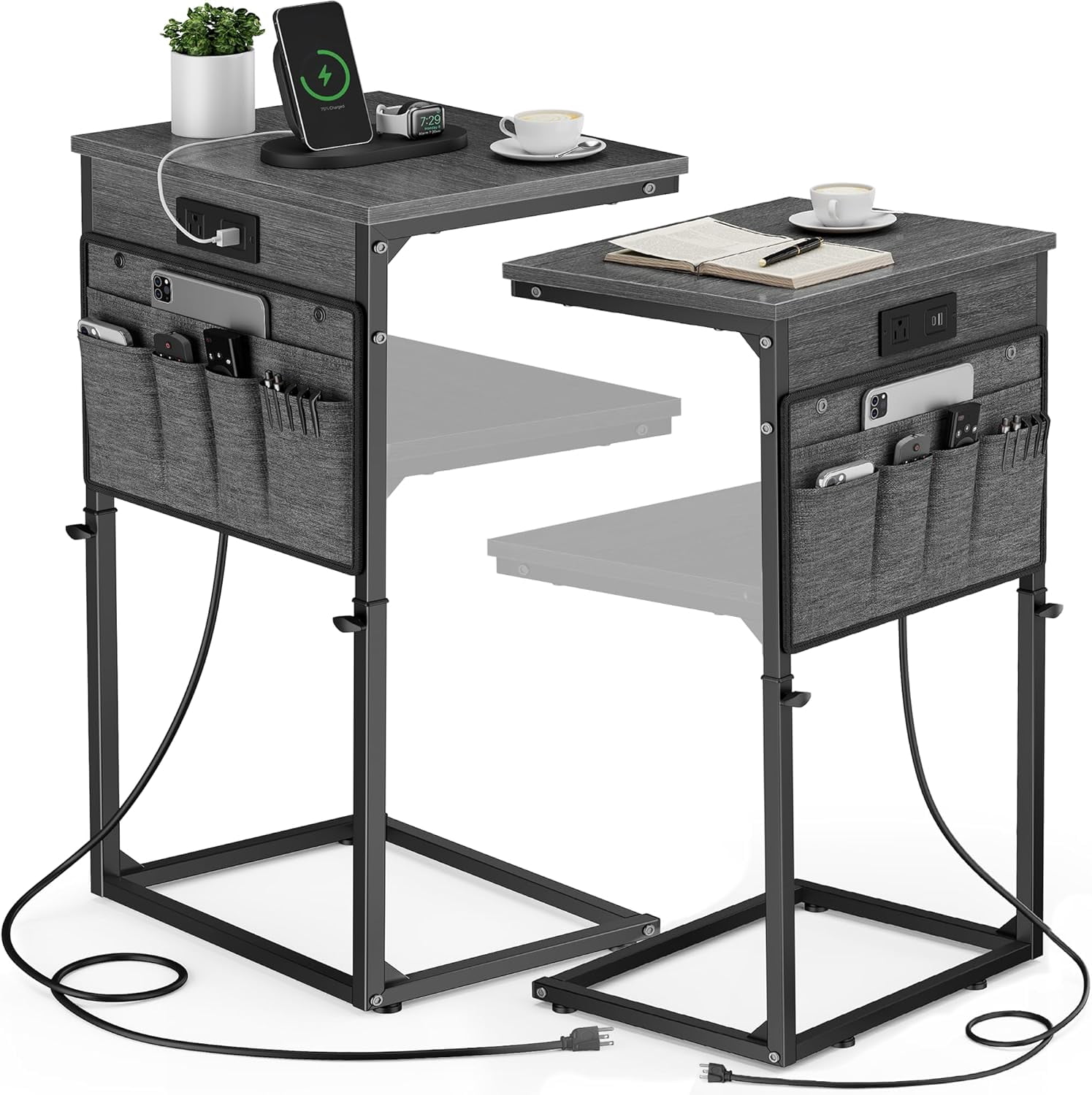 C Shaped End Table with Charging Station, 32" Tall Side Table for Couch ...
