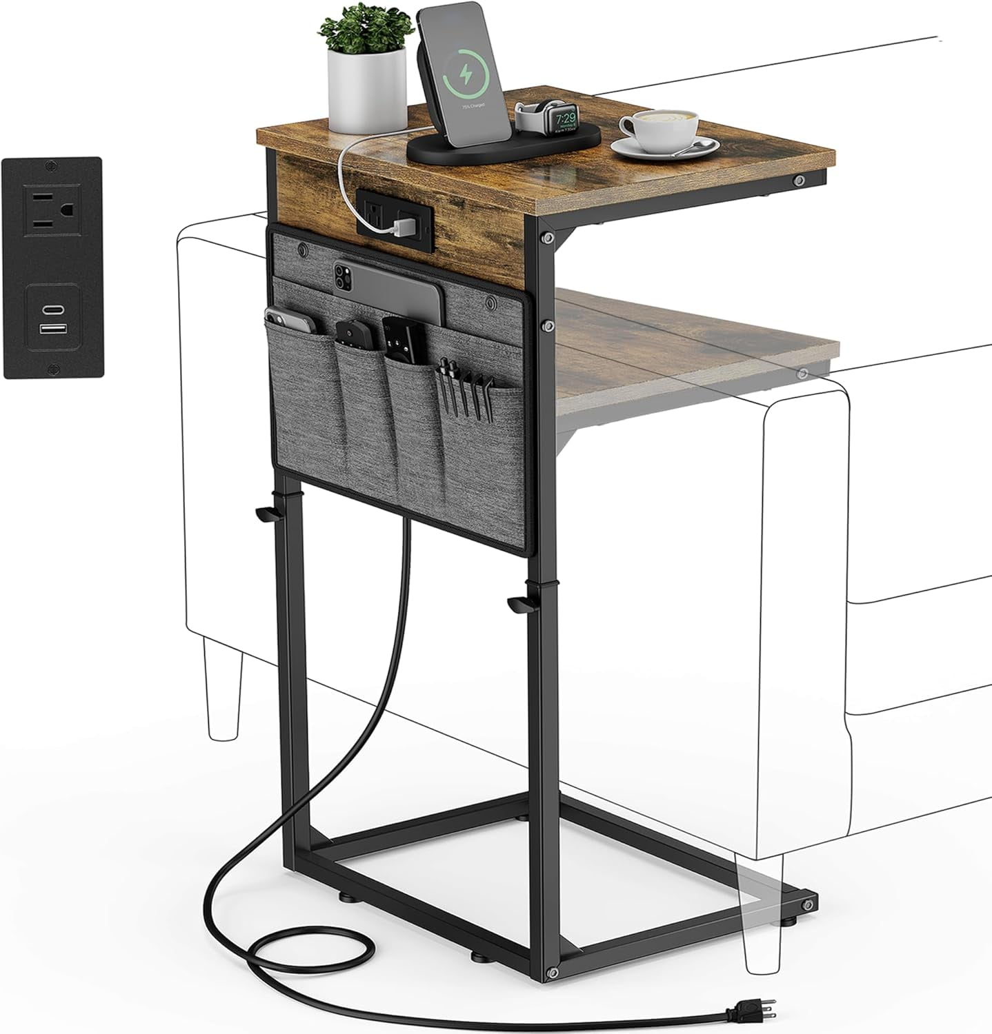 C Shaped End Table with Charging Station, 33" Tall Side Table for Couch ...