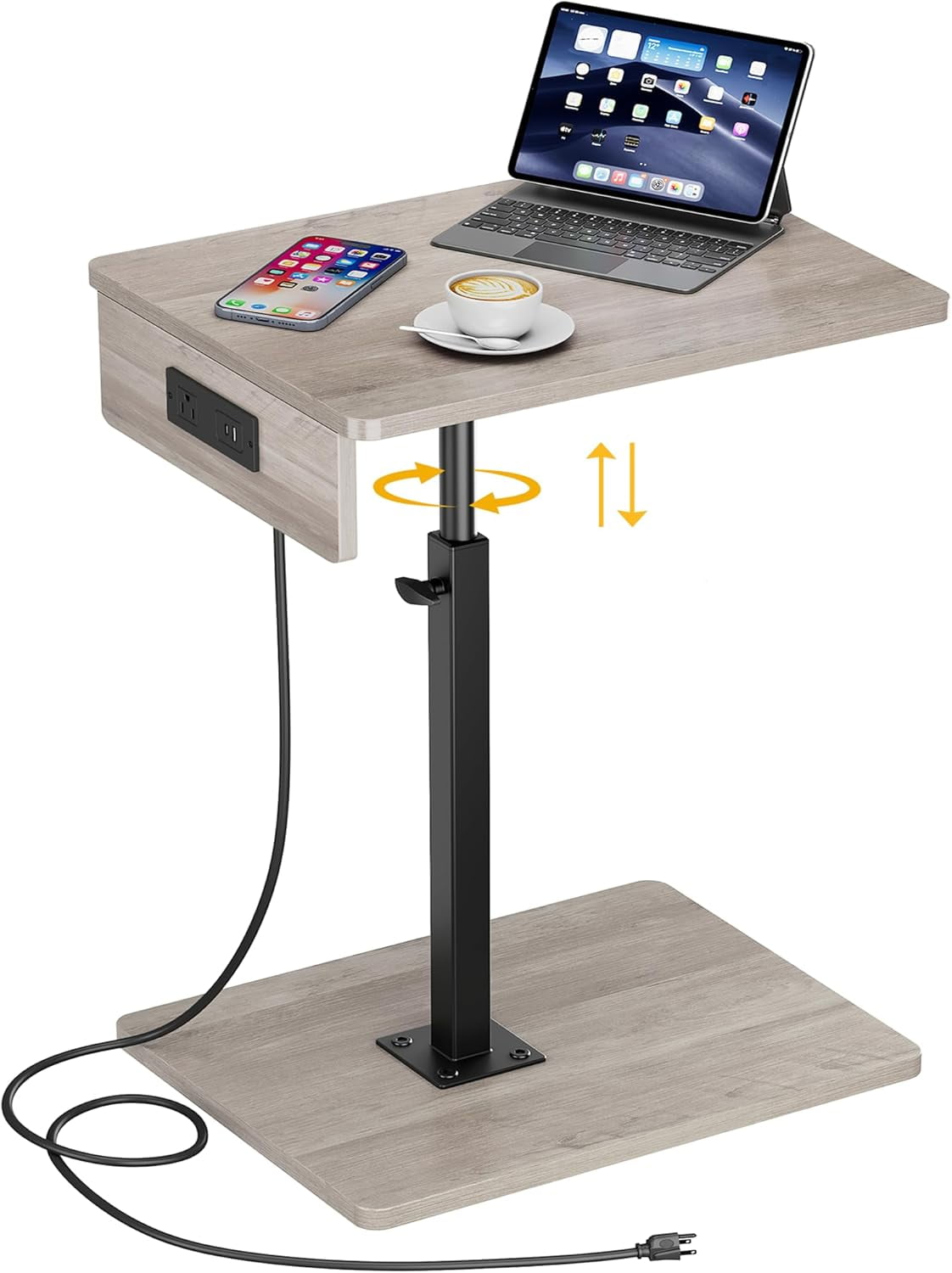 C Shaped End Table with Charging Station, Adjustable Height C Table End ...