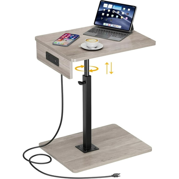 C Shaped End Table with Charging Station, Adjustable Height C Table End ...