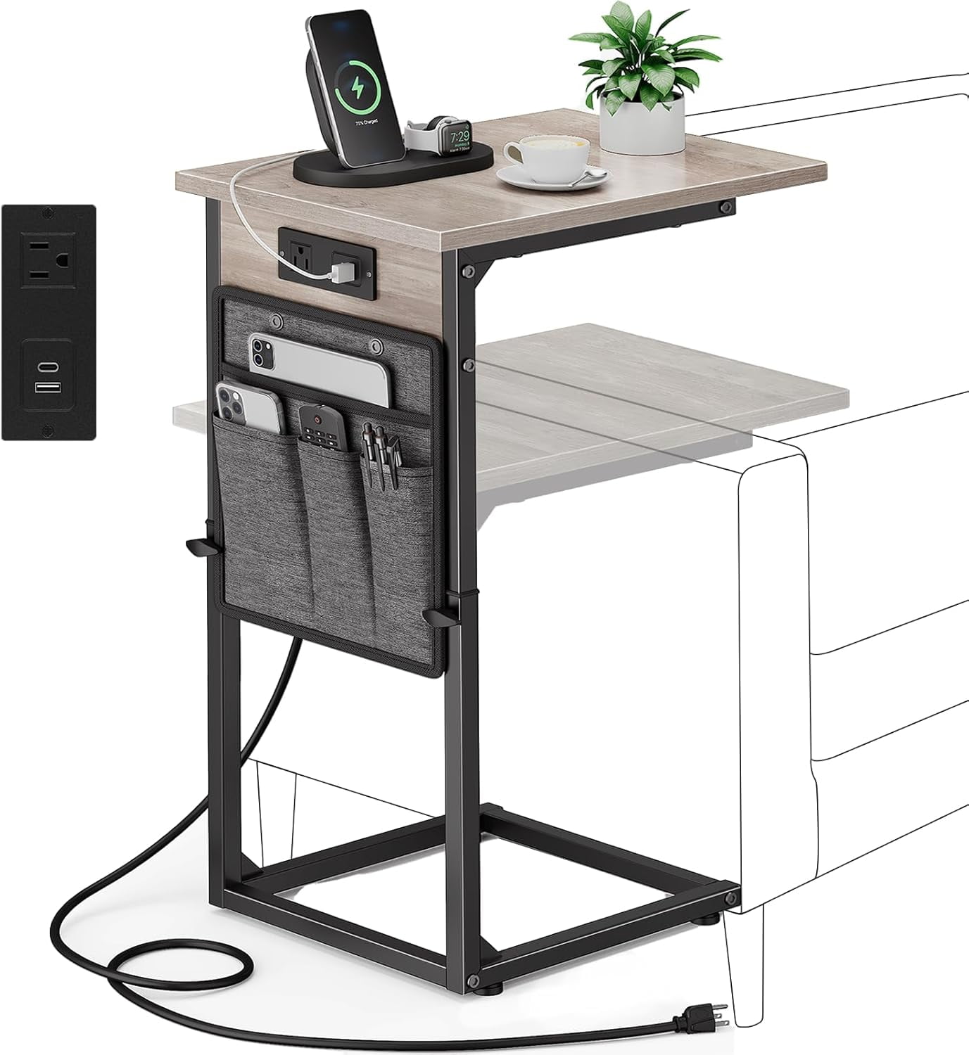 C Shaped End Table with Charging Station, Adjustable Height Side Table for Couch Recliner, Small ...