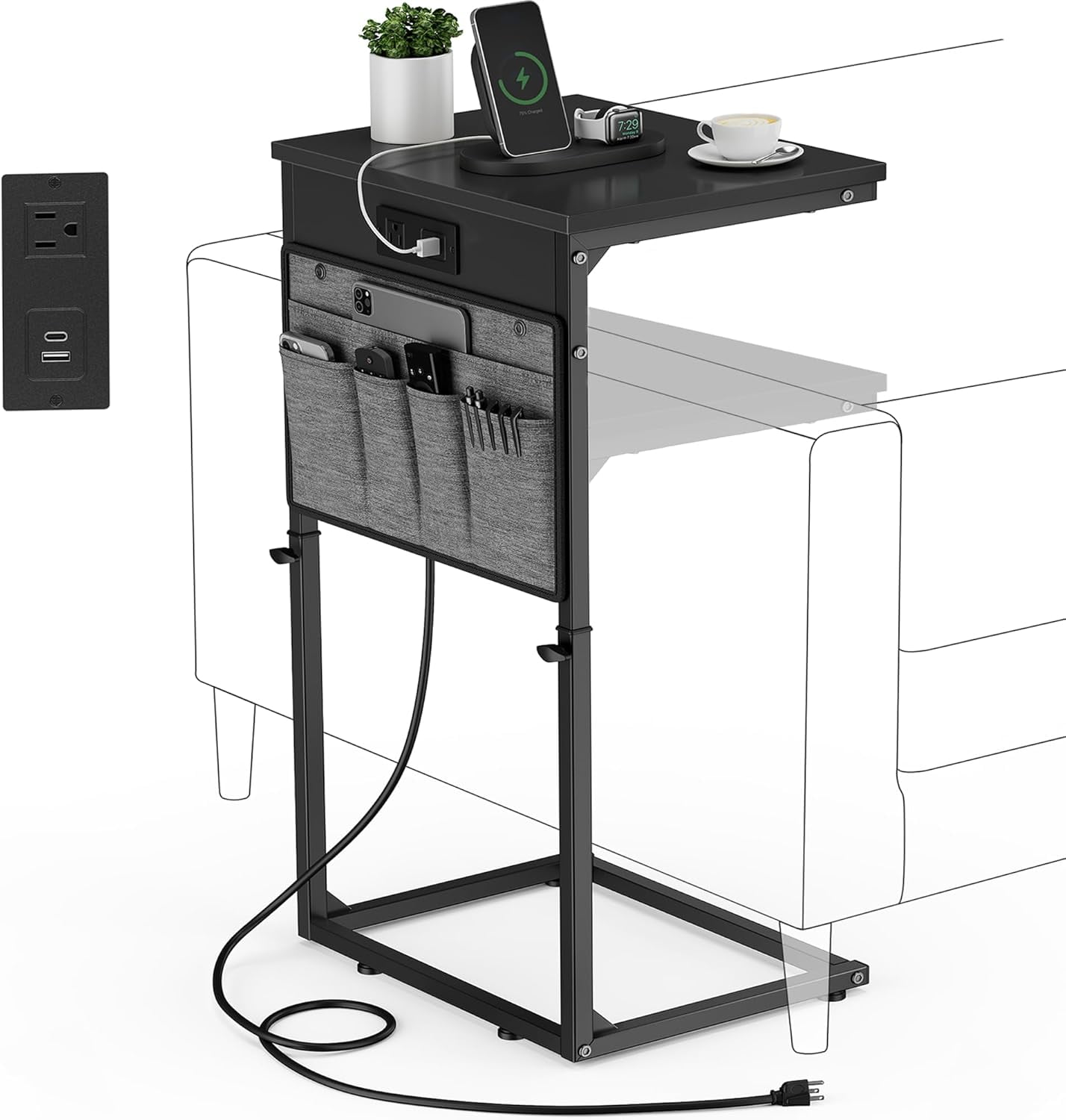 C Shaped End Table with Charging Station, Adjustable Height Side Table for Couch, Small Sofa ...