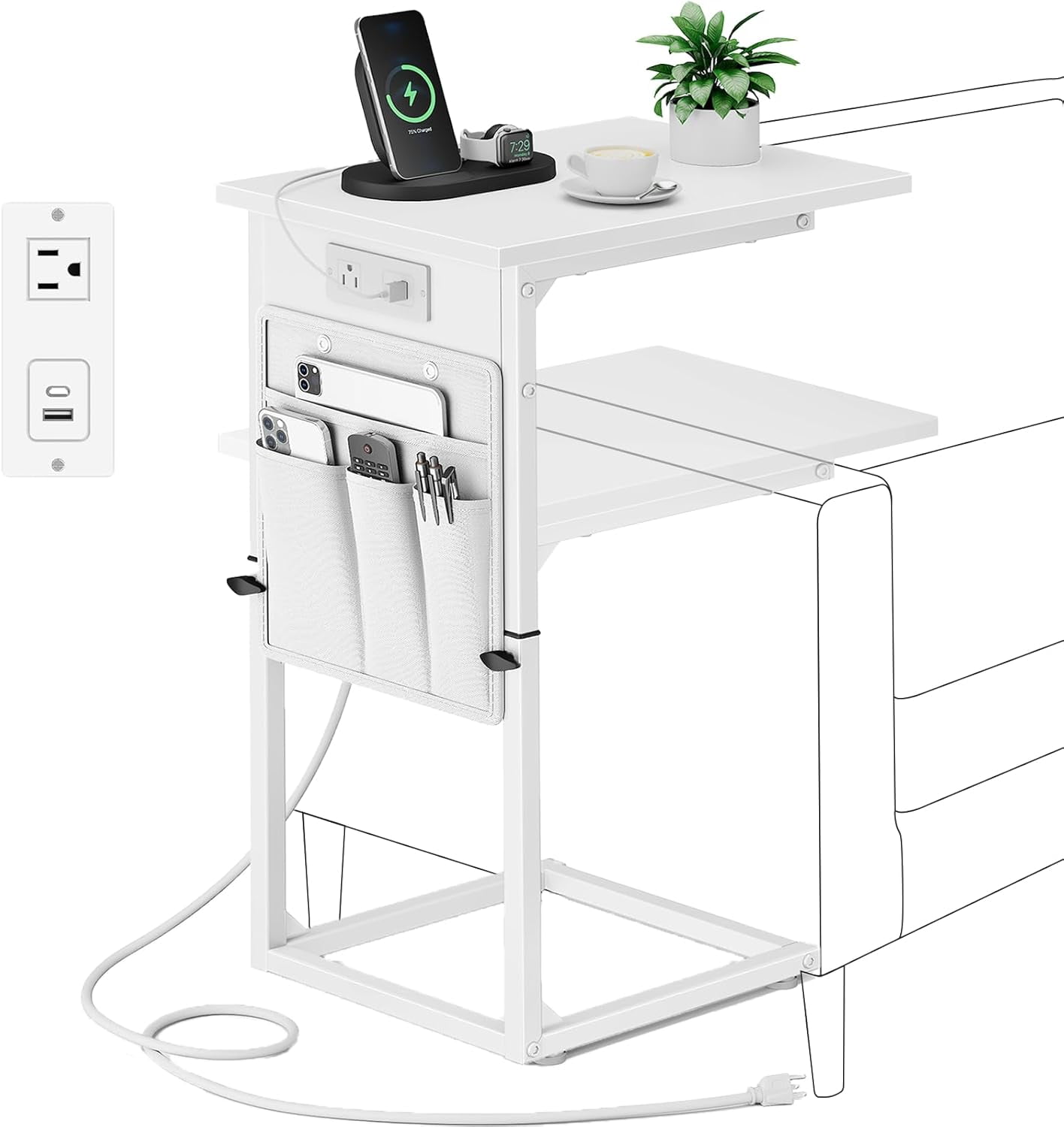 C Shaped End Table with Charging Station, Adjustable Height Side Table for Couch, Small Sofa ...