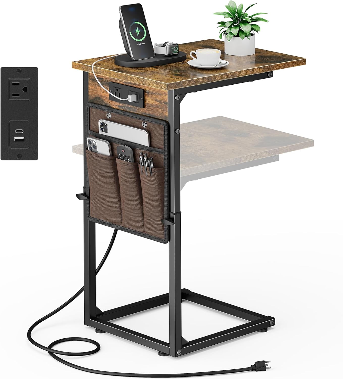 C Shaped End Table with Charging Station, Adjustable Height Side Table ...
