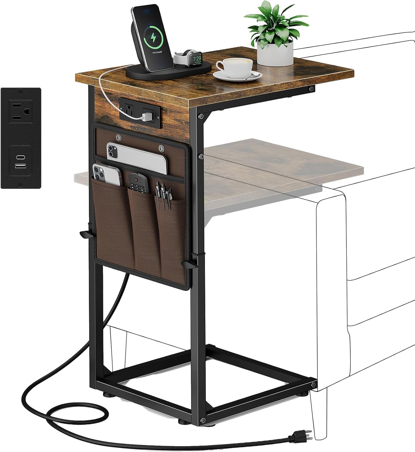 C Shaped End Table with Charging Station, Adjustable Height Side Table for Couch, Small Sofa ...