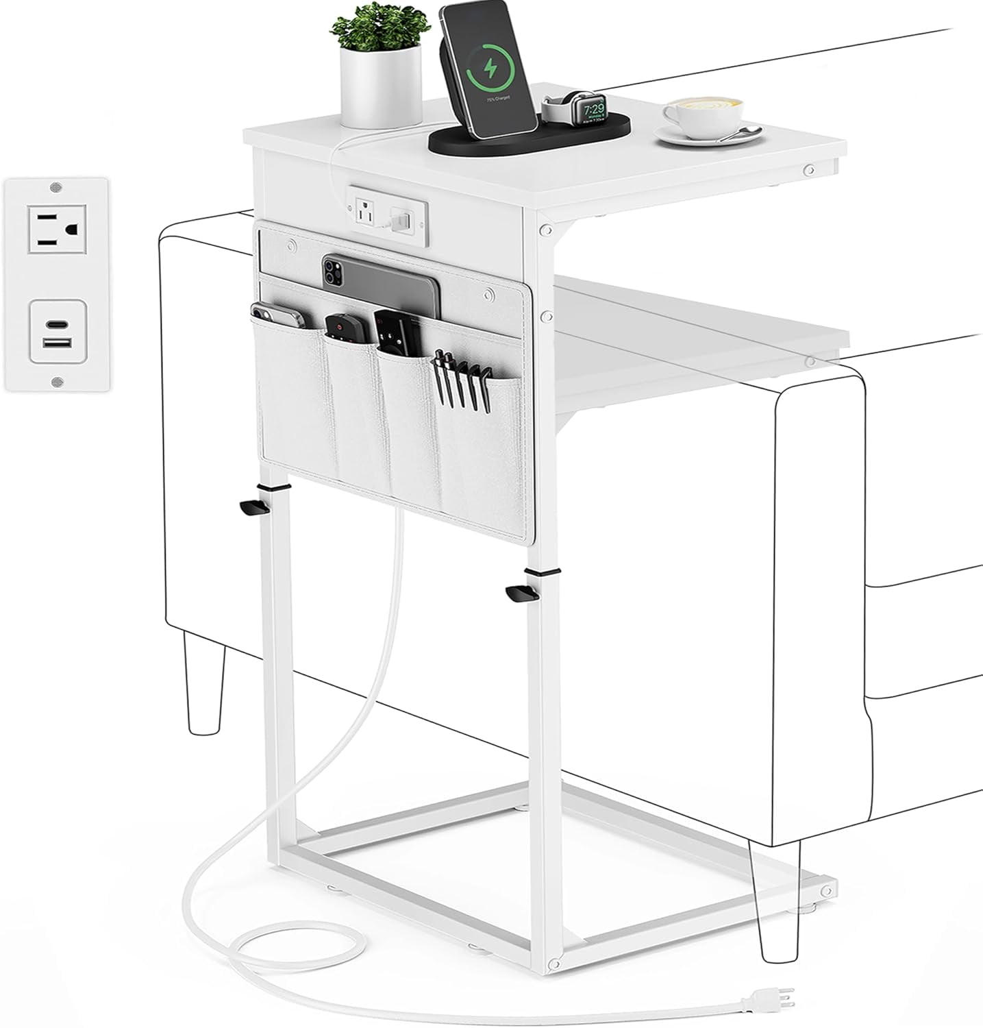 C Shaped End Table with Charging Station, Adjustable Height Side Table for Couch, Sofa Table ...