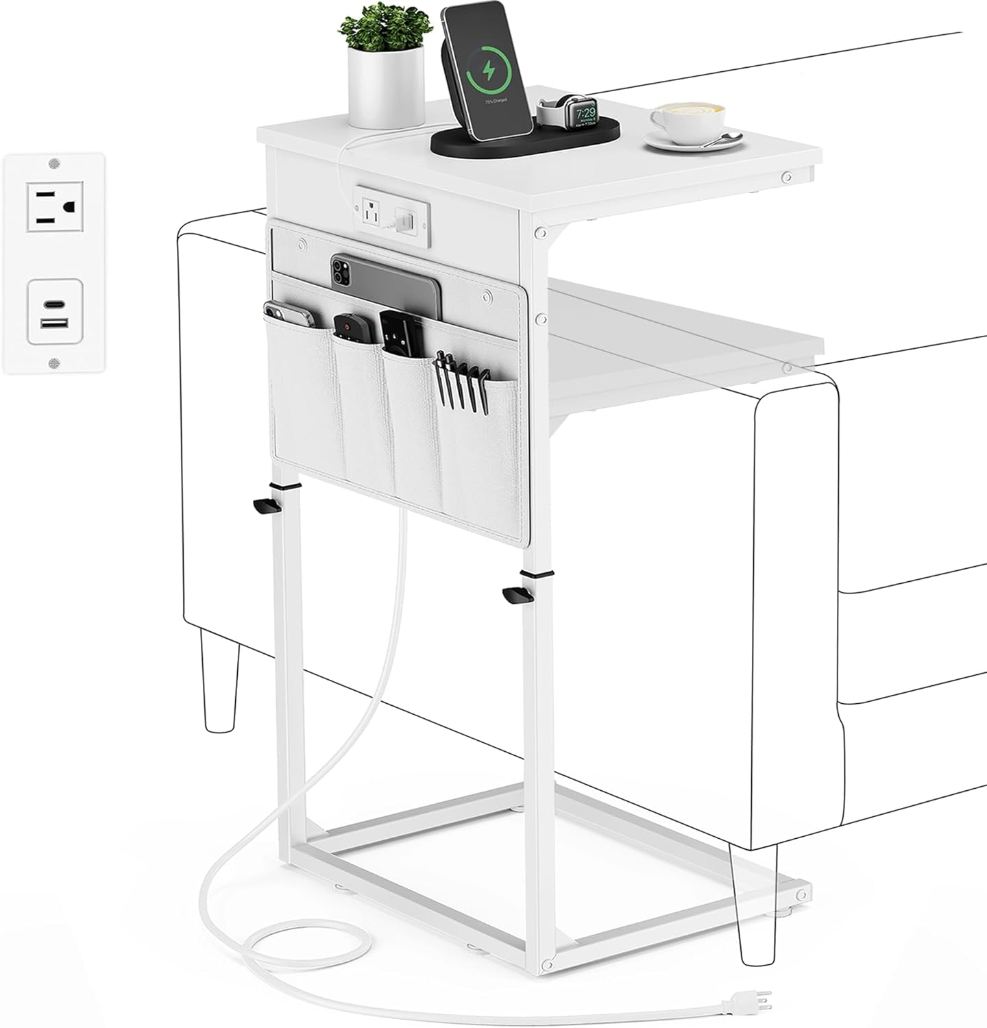 C Shaped End Table with Charging Station, Adjustable Height Side Table ...