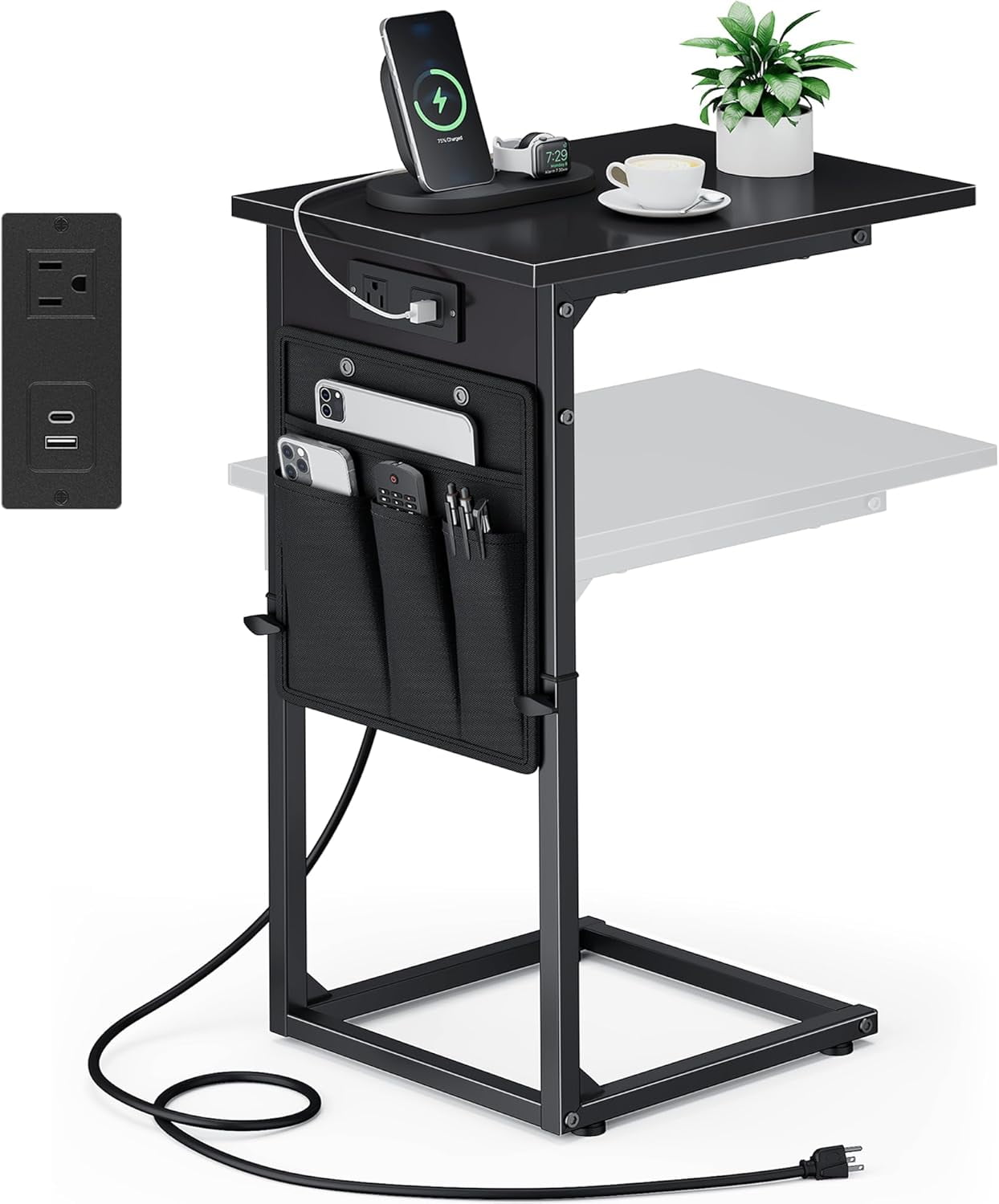 C Shaped End Table with Charging Station, Adjustable Height Side Table ...