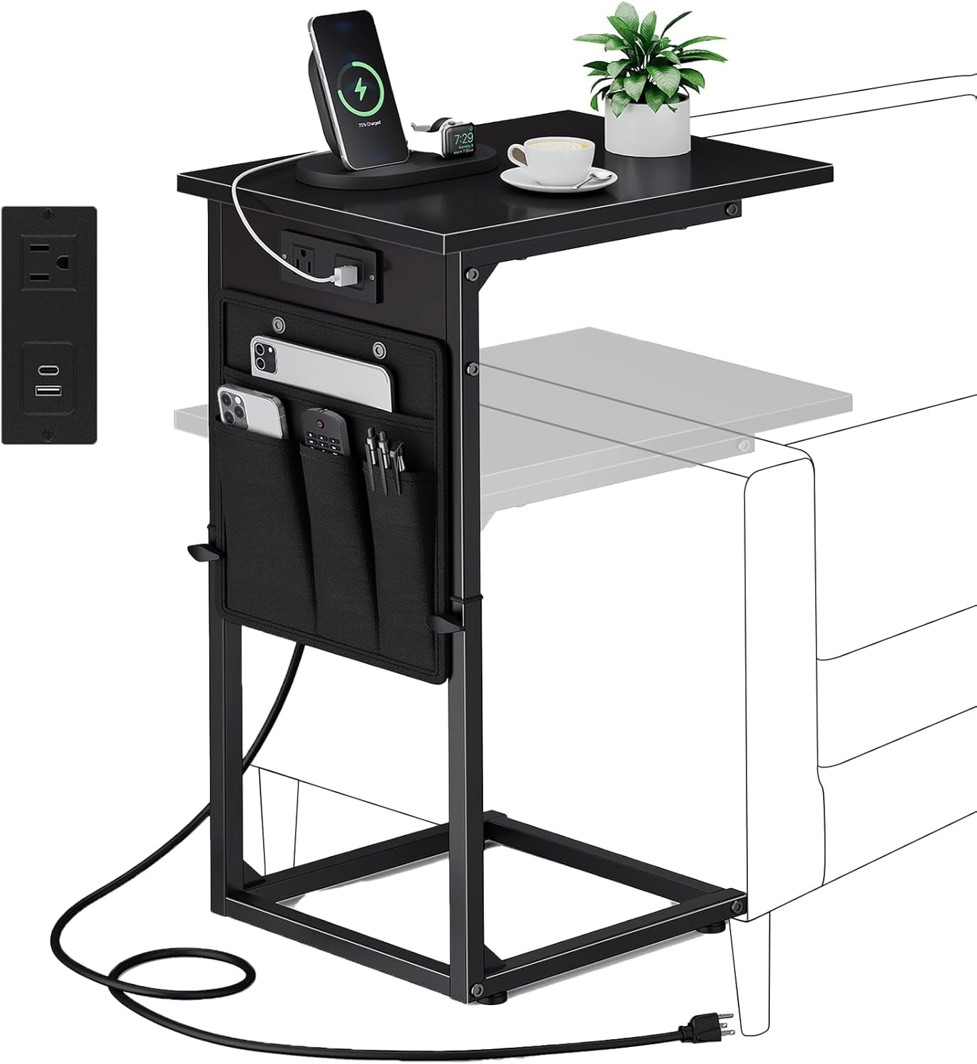 C Shaped End Table with Charging Station, Adjustable Height Side Table ...
