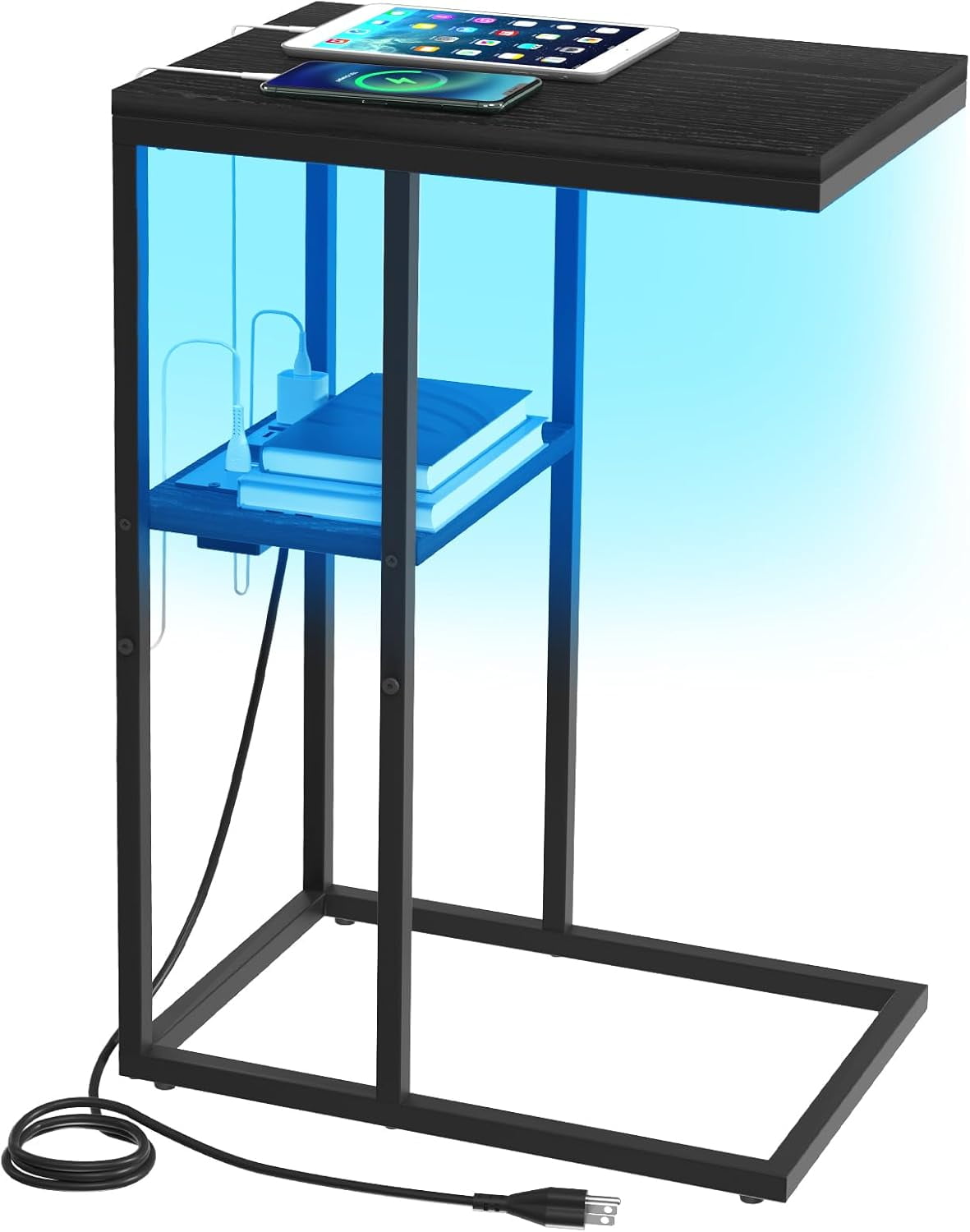 C Shaped End Table with Charging Station for Living Room, Bedroom, Sofa ...