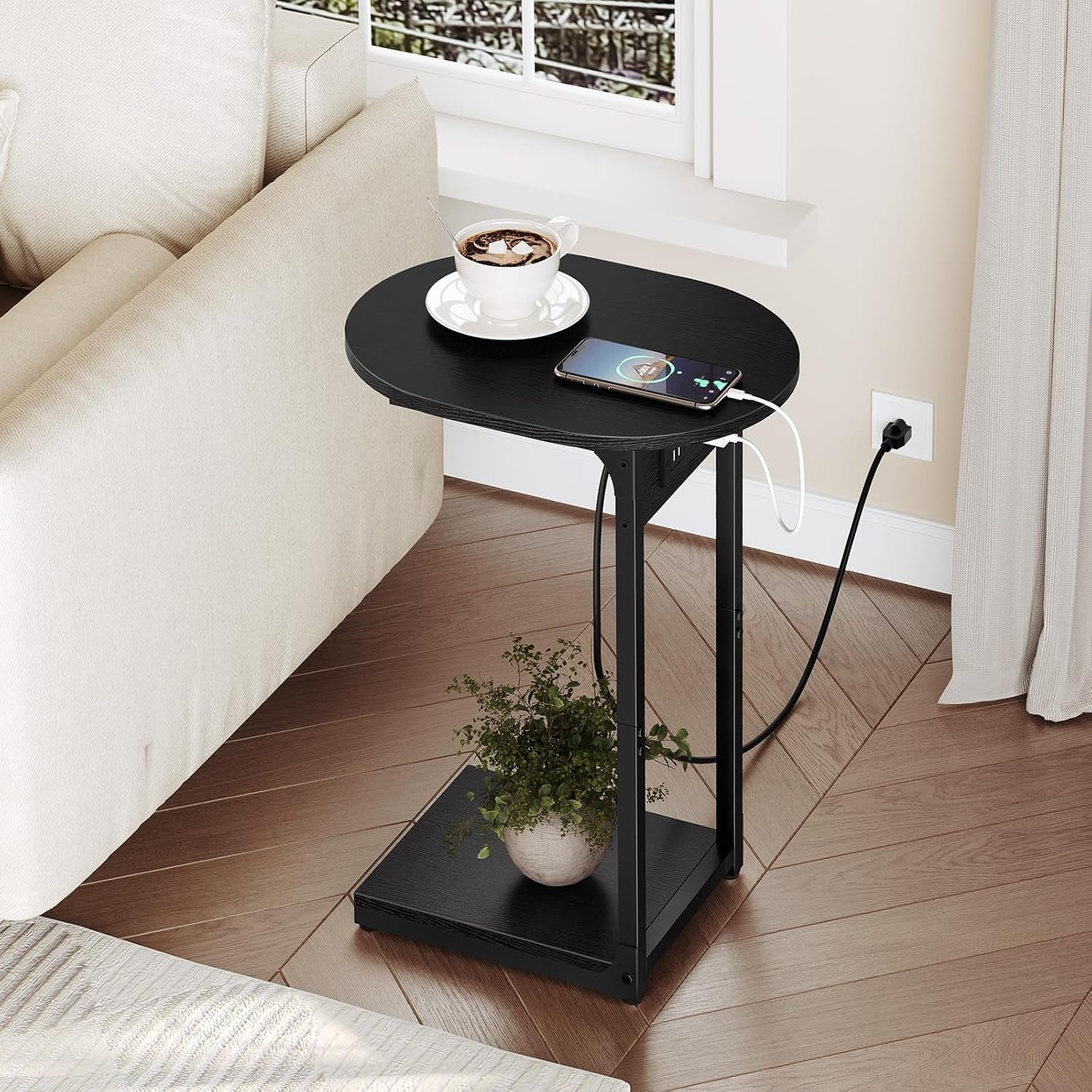 C Shaped End Table with Charging Station, Round Couch Side Table, TV ...
