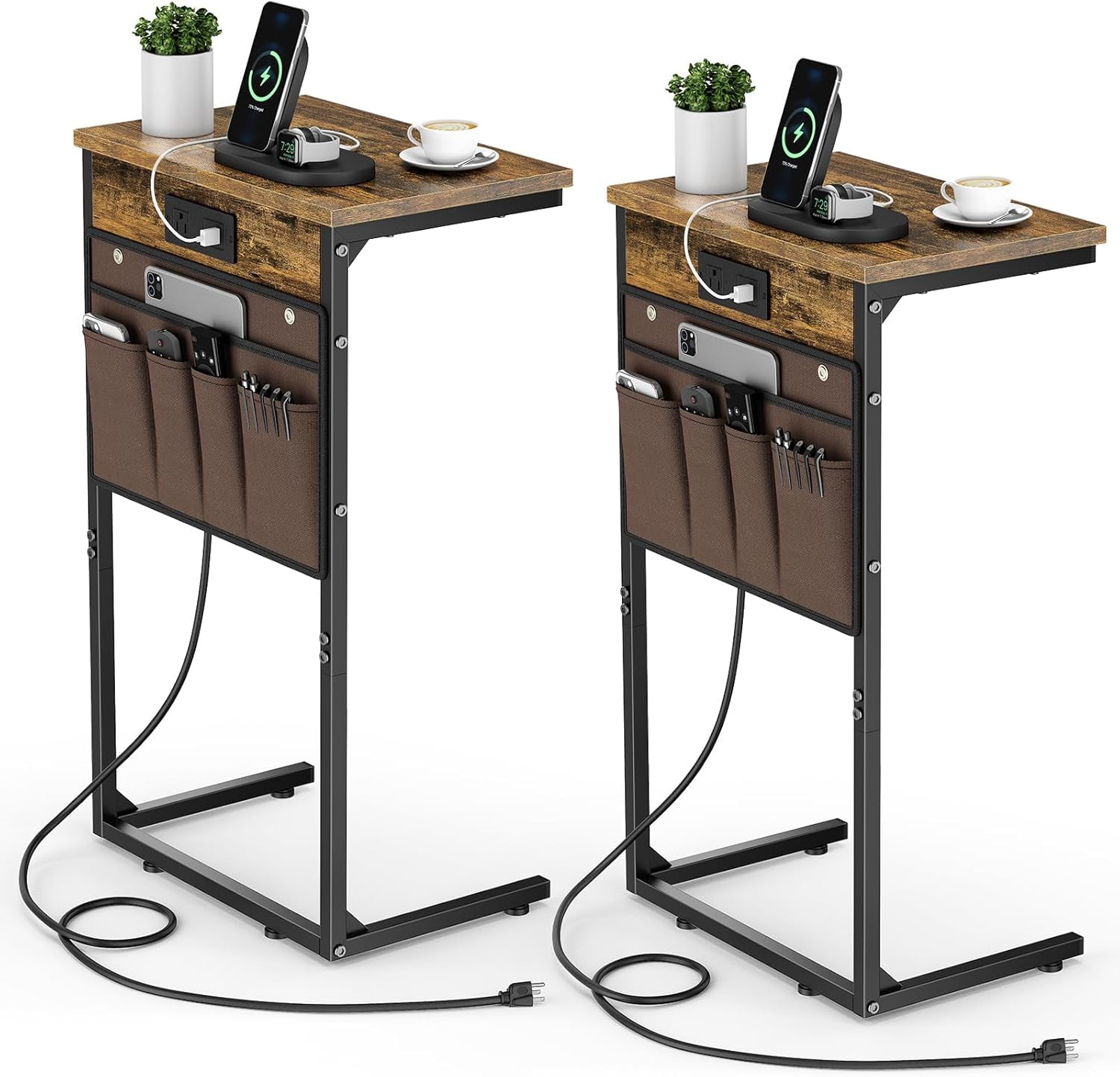 C Shaped End Table with Charging Station, Set of 2, 28" Tall Side for Couch, Small Slide Under ...