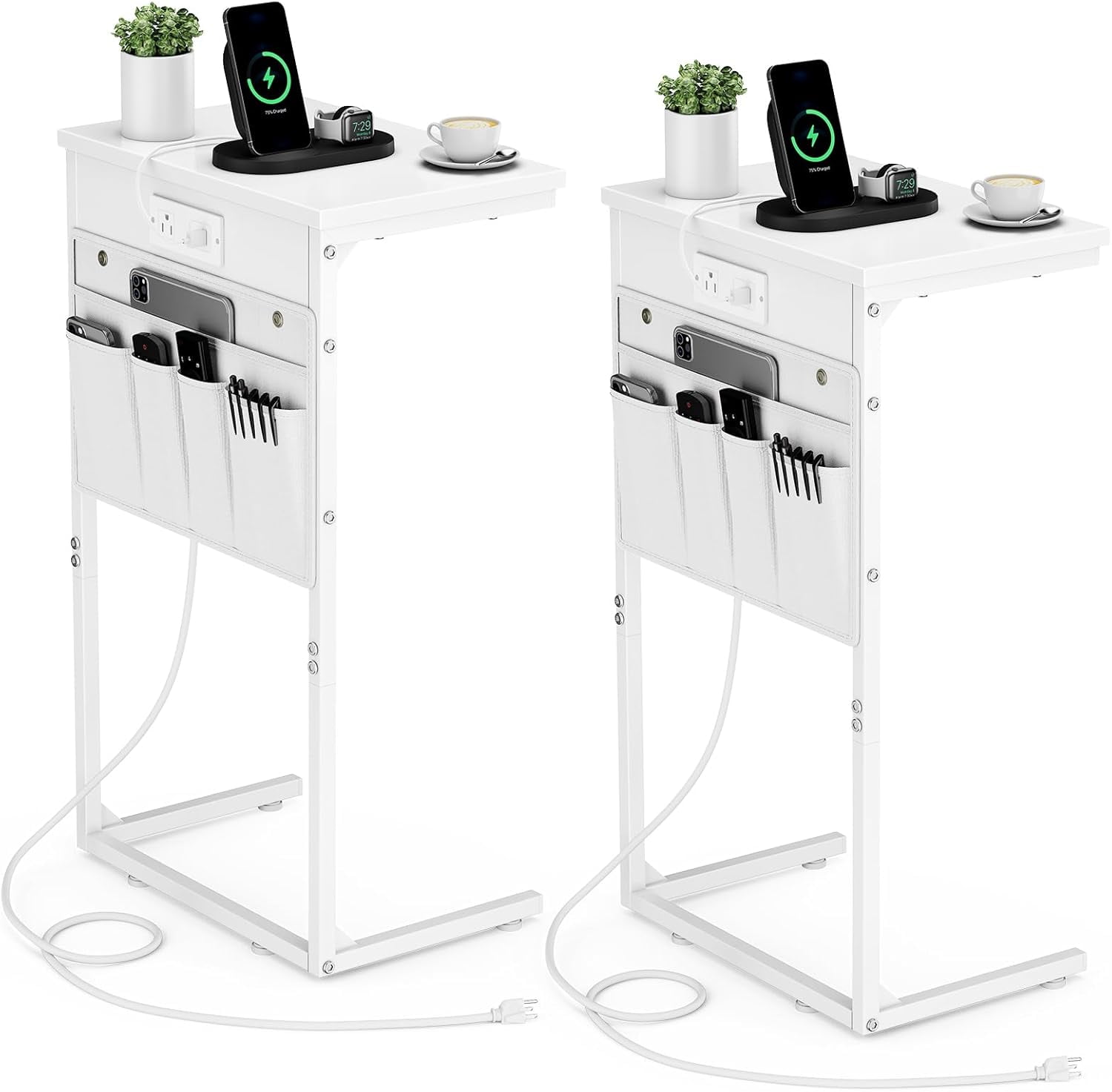 C Shaped End Table with Charging Station, Set of 2, 28" Tall Side Table ...