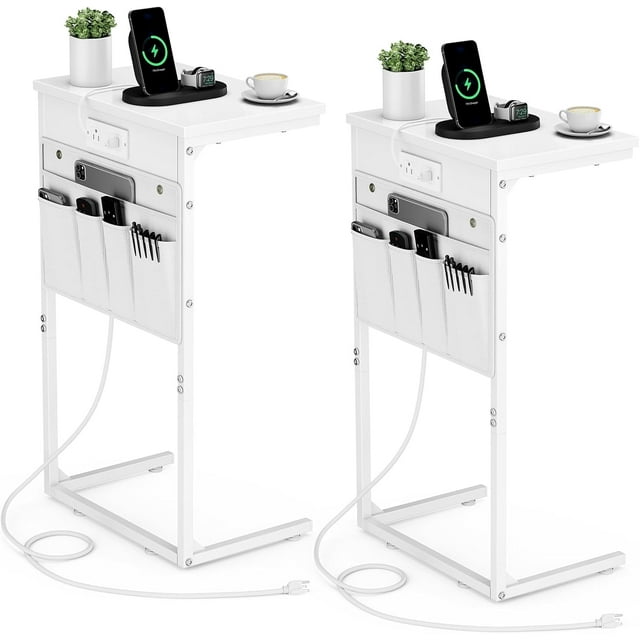 C Shaped End Table with Charging Station, Set of 2, 28" Tall Side Table for Couch, Small Slide ...
