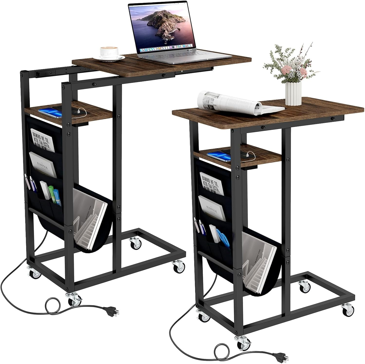 **c shaped end table with charging station set of 2, laptop side table ...