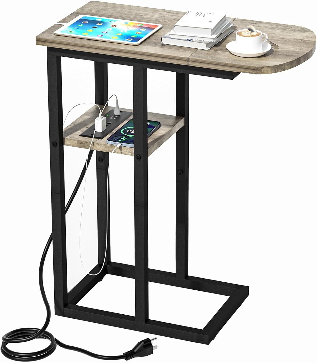 C Shaped End Table with Charging Station, Side Table for Living Room & Bedroom, Slide Under ...
