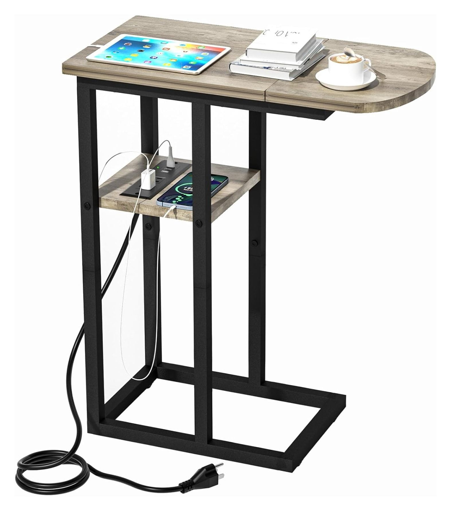 C Shaped End Table with Charging Station, Side Table for Living Room ...
