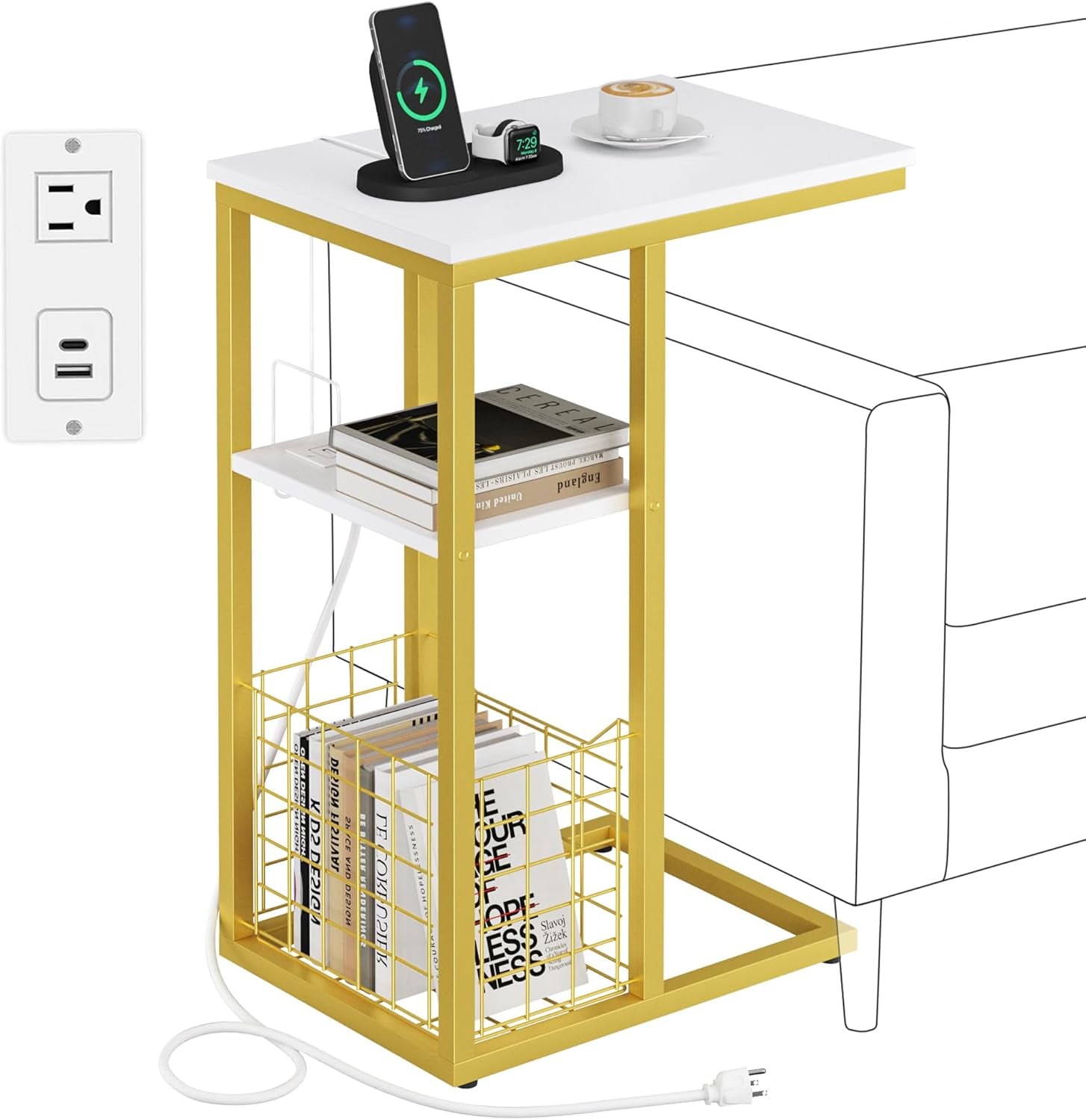 C Shaped End Table with Charging Station, Side Table for Couch, Small Side End Table for Small ...