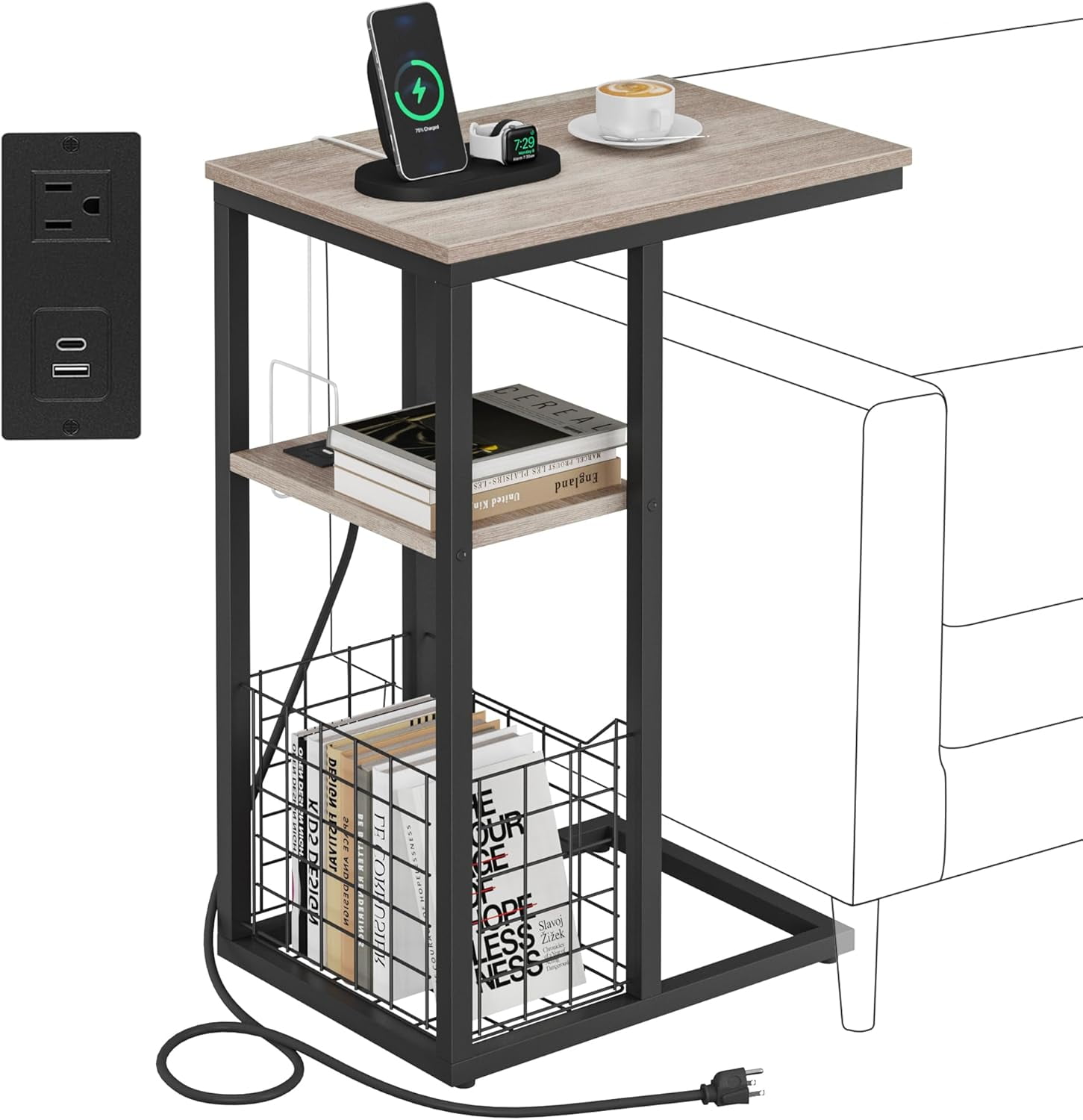 C Shaped End Table with Charging Station, Side Table for Couch, Small Side End Table for Small ...