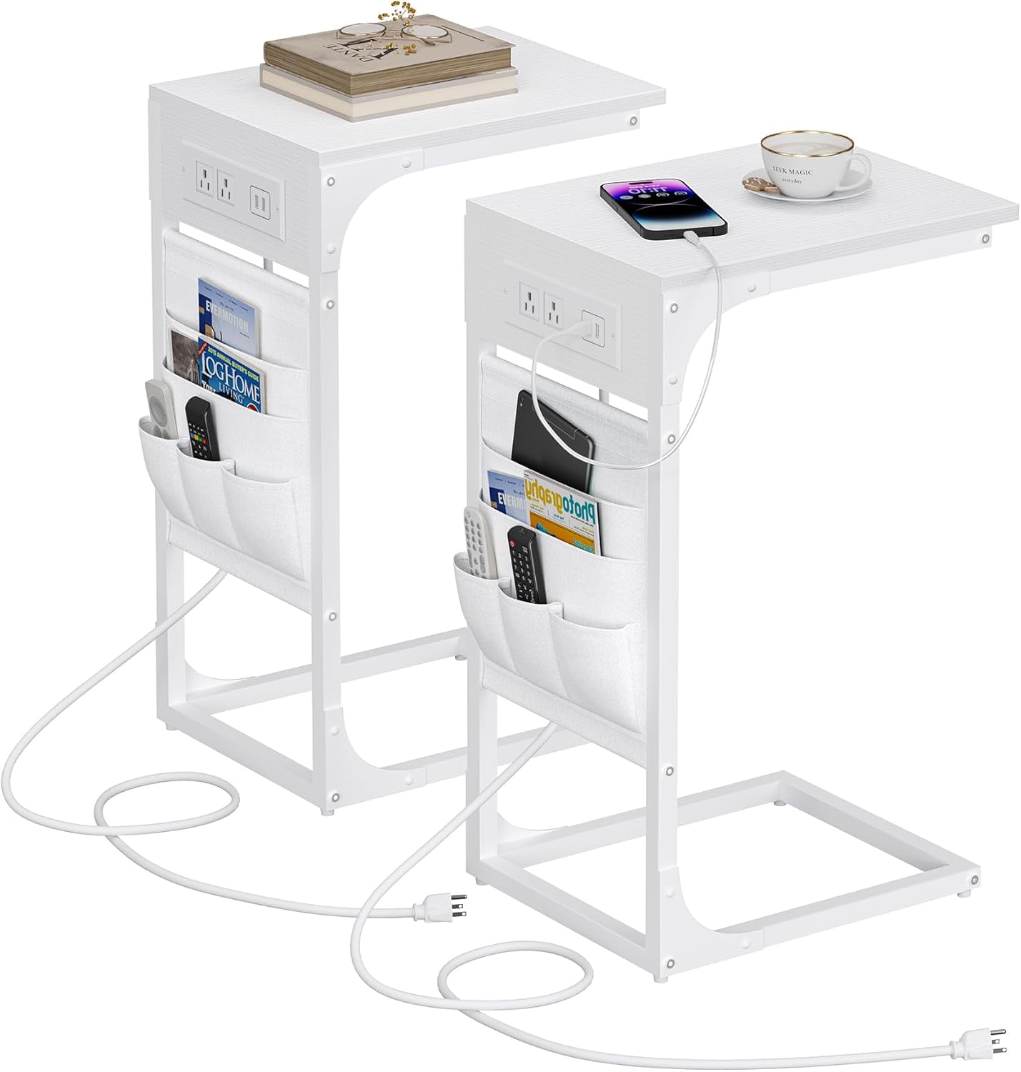 C Shaped End Table with Charging Station, Side Table for Sofa, Couch Table with Storage Bag, Set ...