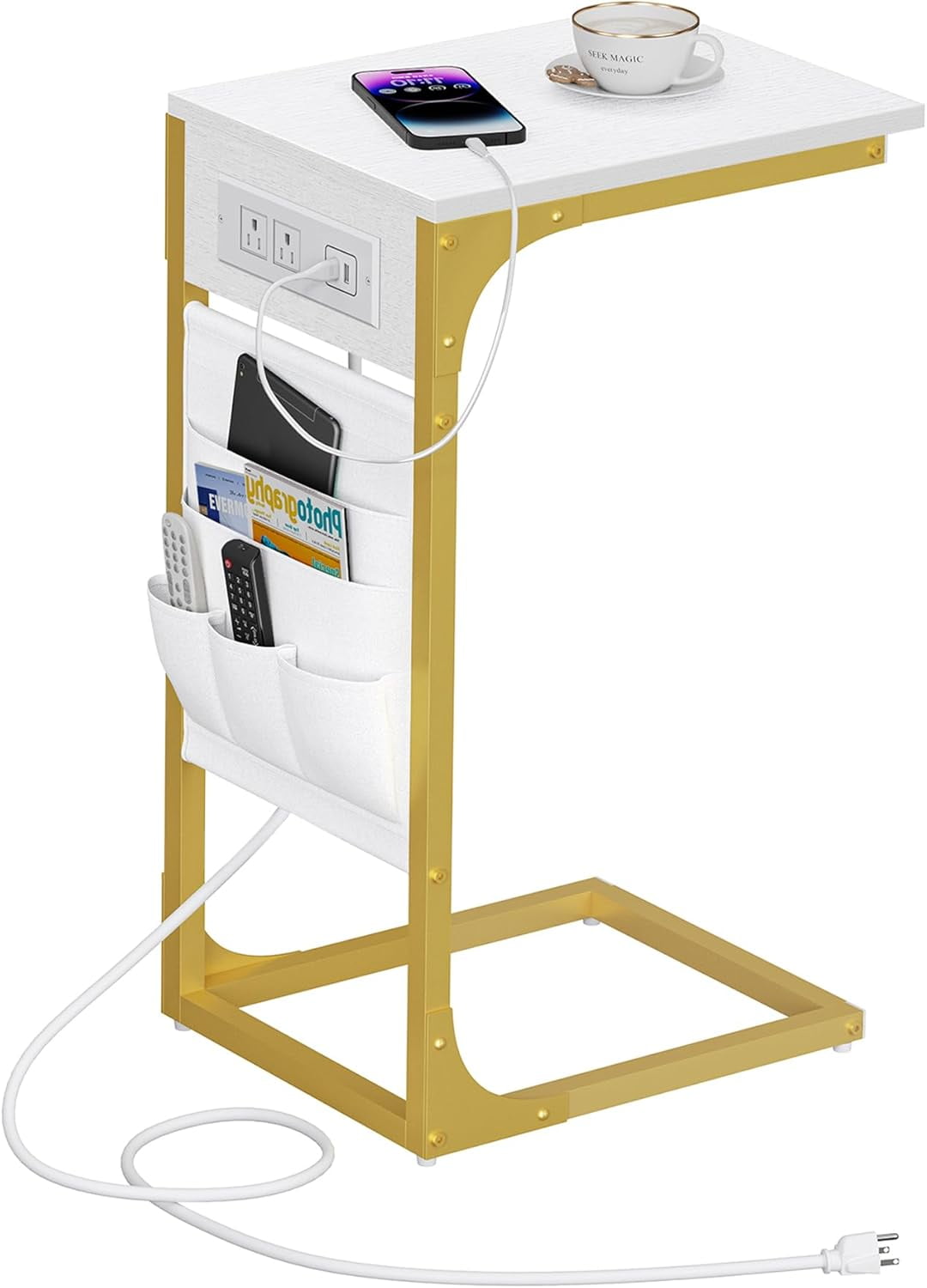 C Shaped End Table with Charging Station, Side Table for Sofa, Couch ...