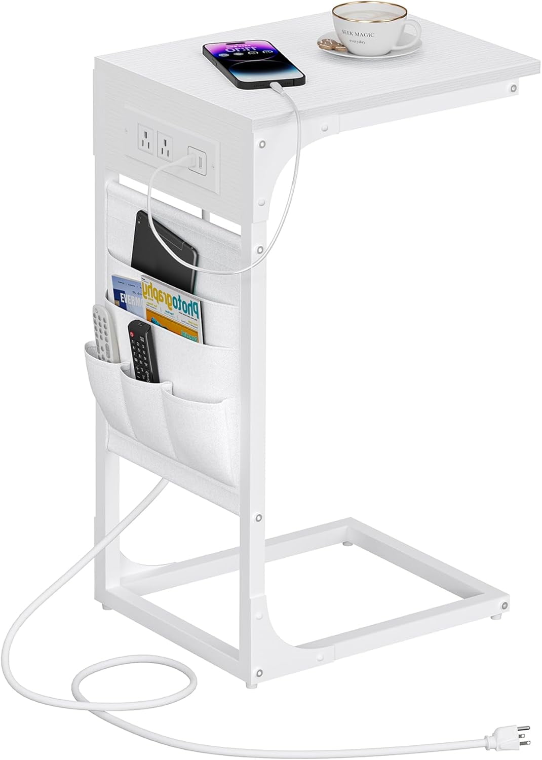 C Shaped End Table with Charging Station, Side Table for Sofa, Couch ...