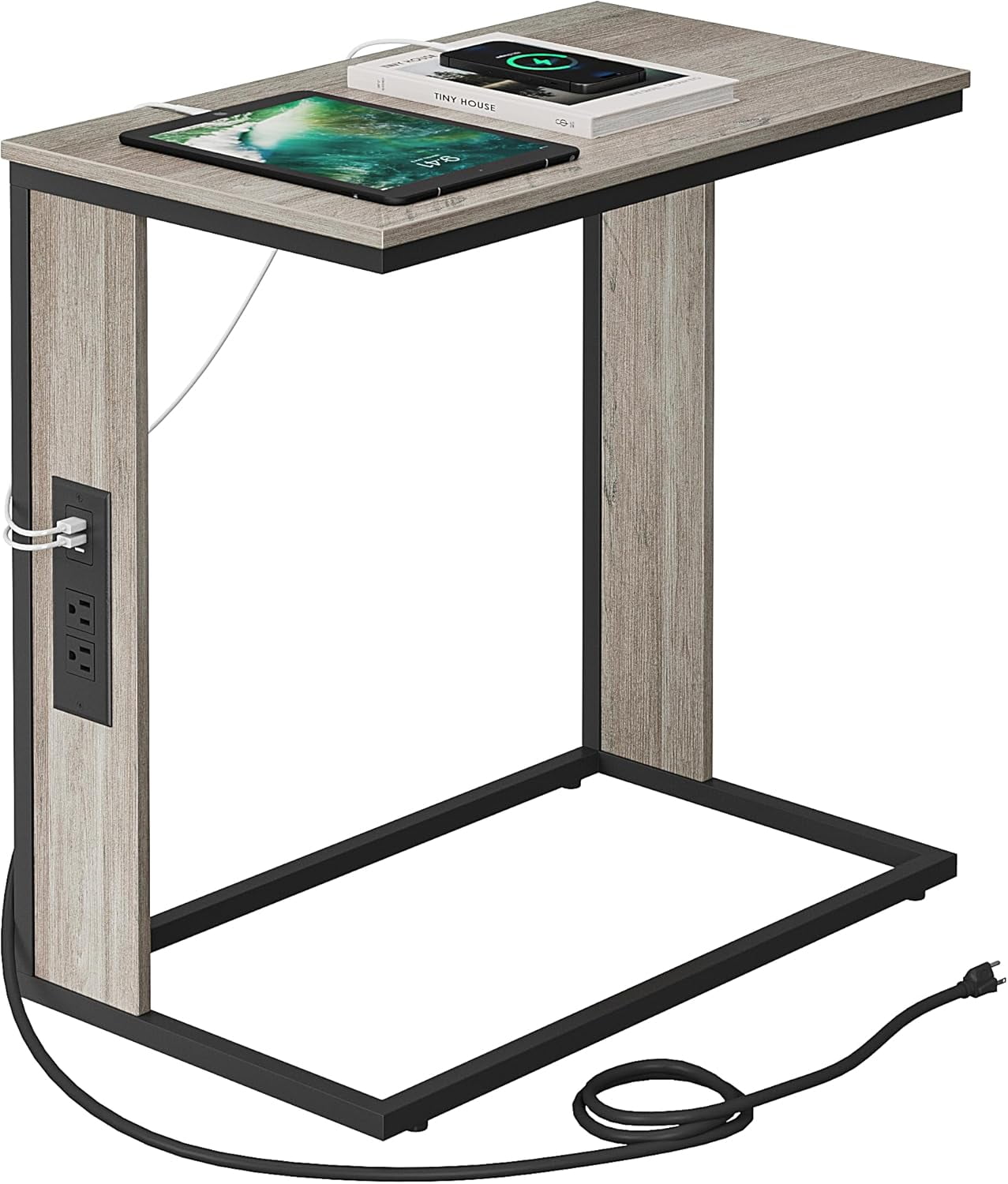 C Shaped End Table with Charging Station, Small Couch Side Table with ...
