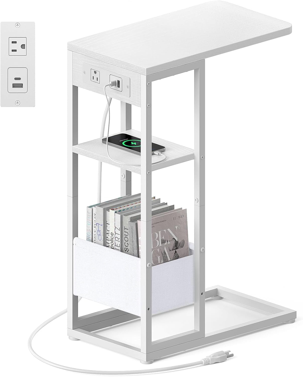 C Shaped End Table with Charging Station, Small Side Table for Couch ...