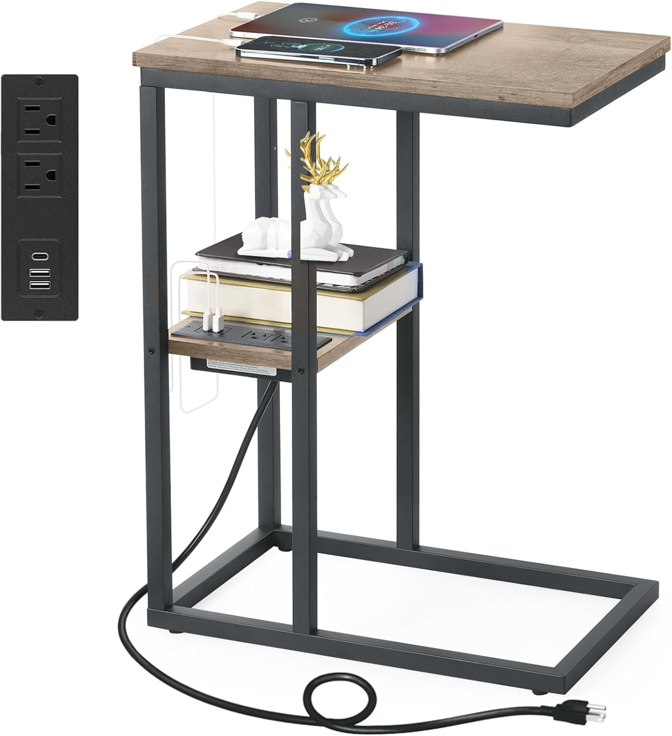 C Shaped End Table with Charging Station, Small Side Table for Couch ...