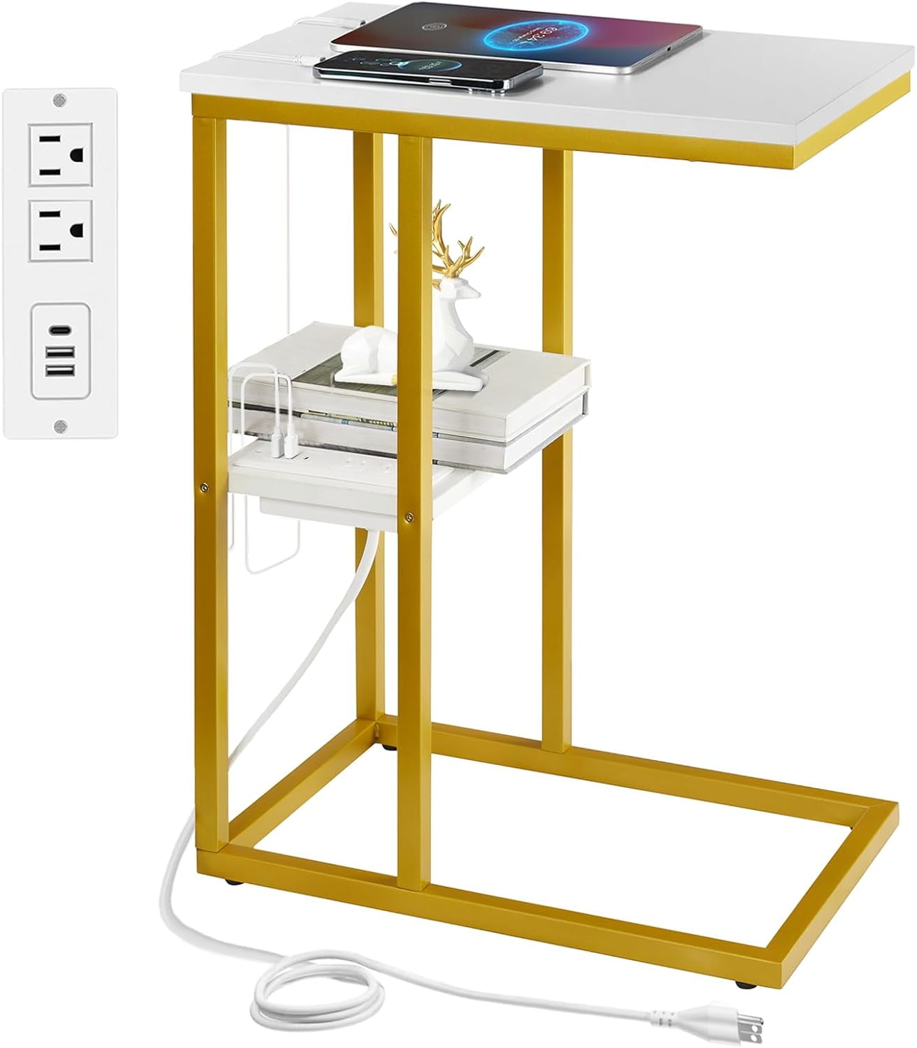 C Shaped End Table with Charging Station, Small Side Table for Couch ...