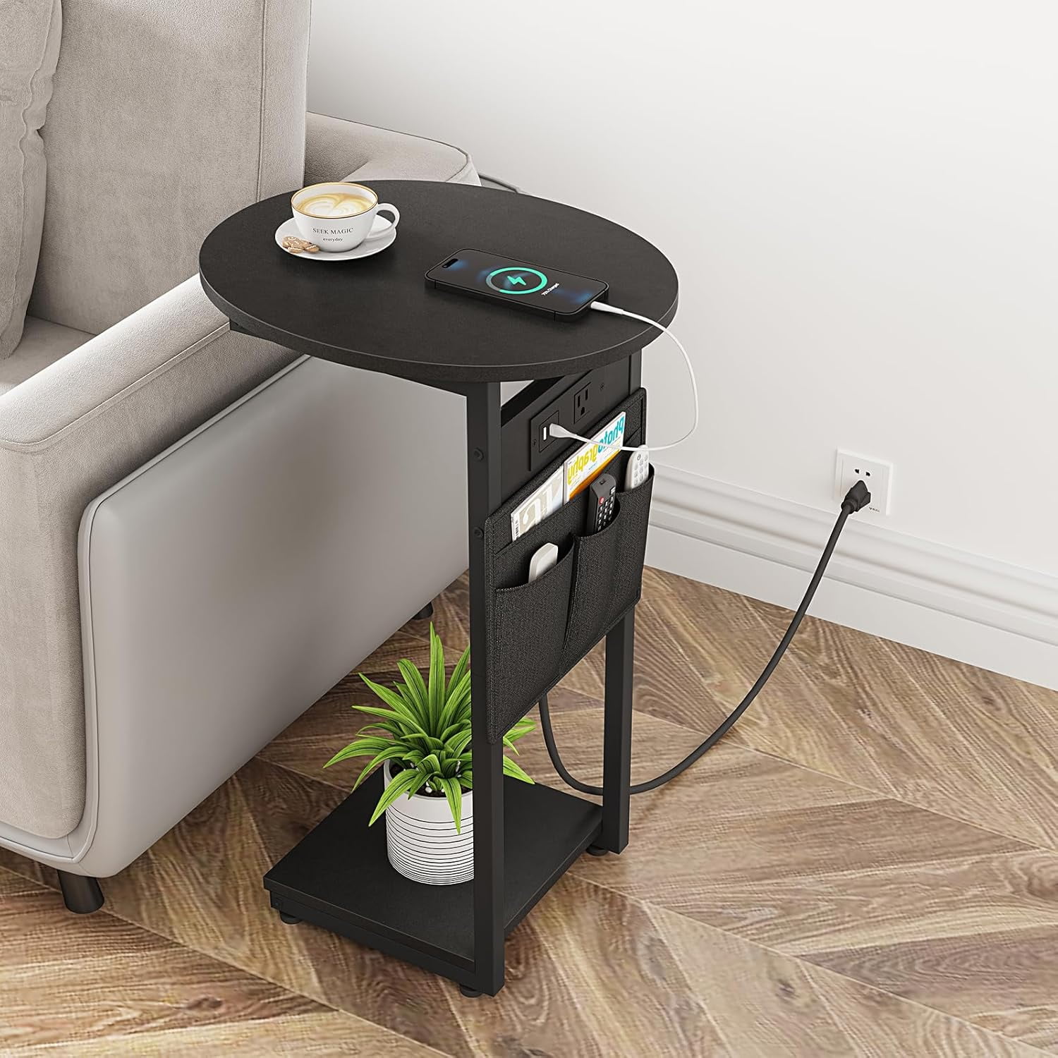 C Shaped End Table with Charging Station, Small Side Table for Couch ...