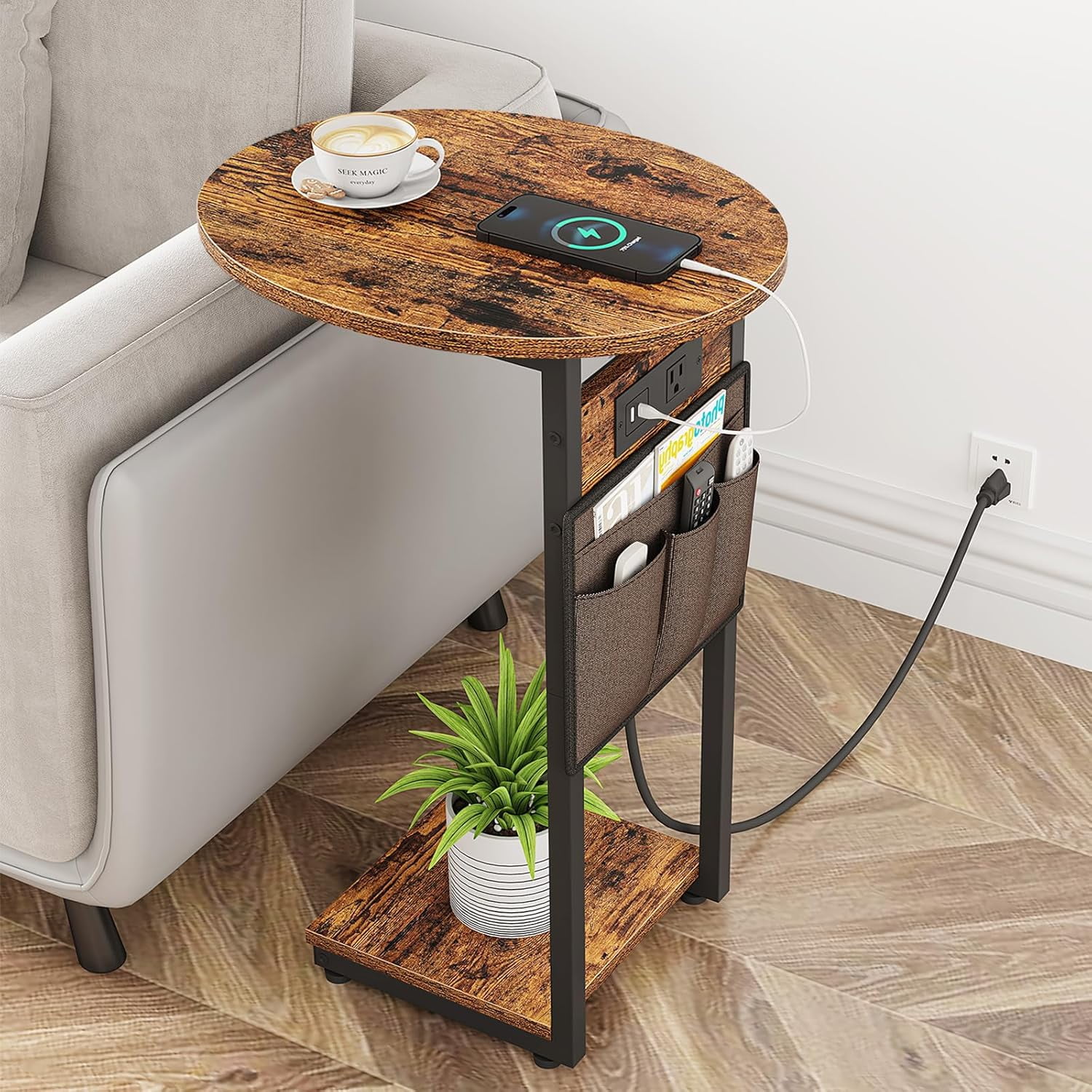 C Shaped End Table with Charging Station, Small Side Table for Couch ...