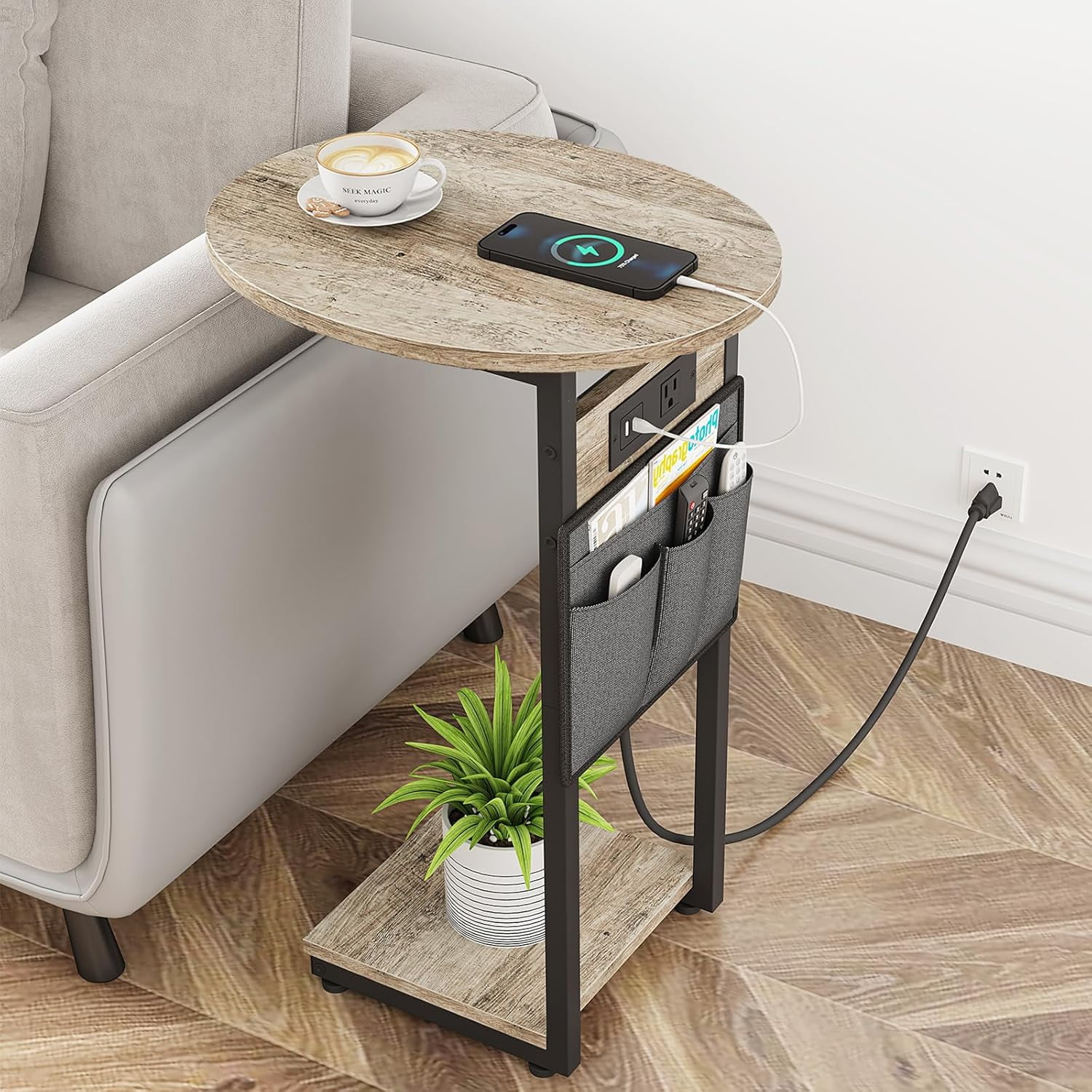 C Shaped End Table with Charging Station, Small Side Table for Couch ...