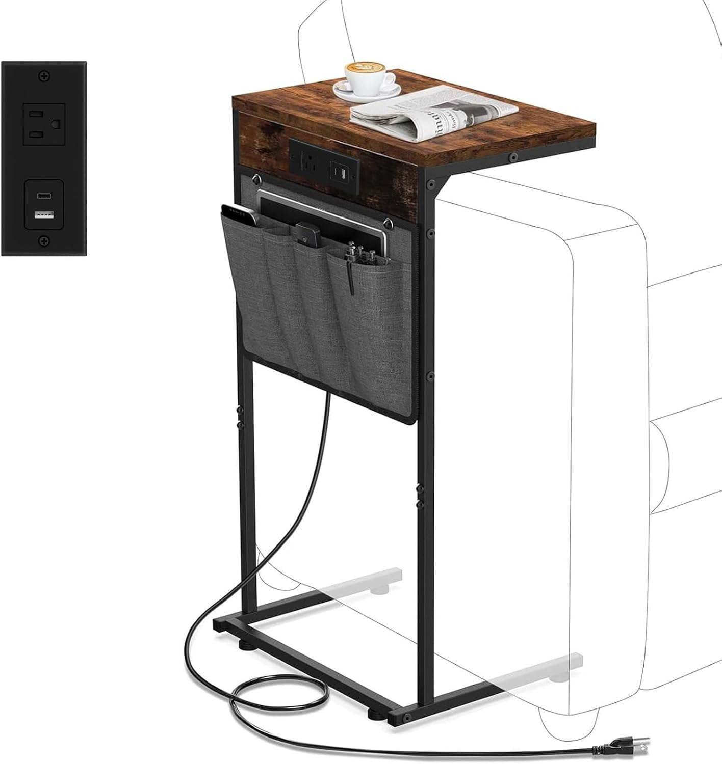 C Shaped End Table with Charging Station, Small Side Table for Recliner ...