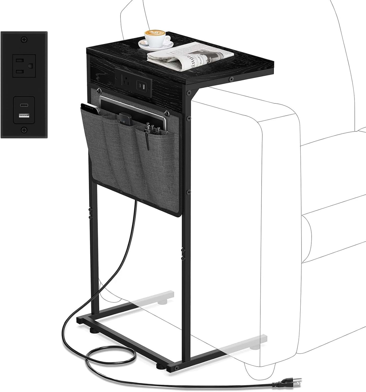 C Shaped End Table with Charging Station, Small Side Table with Storage ...