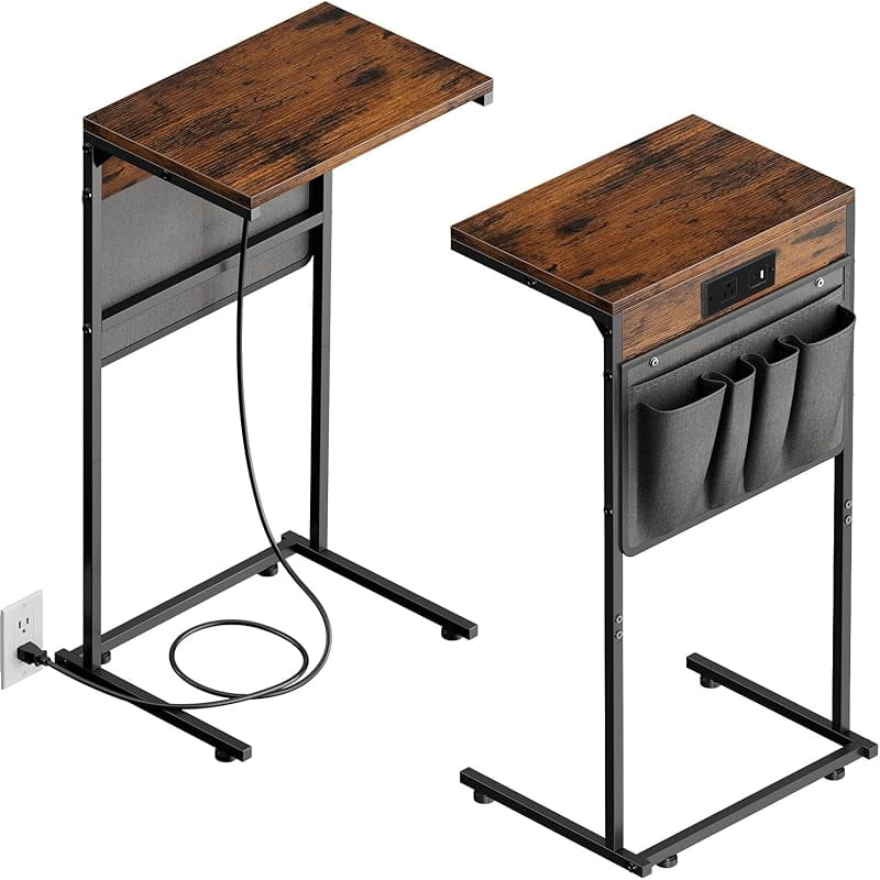 C Shaped End Table with Charging Station, Small Side Table with Storage Bag for Couch and ...