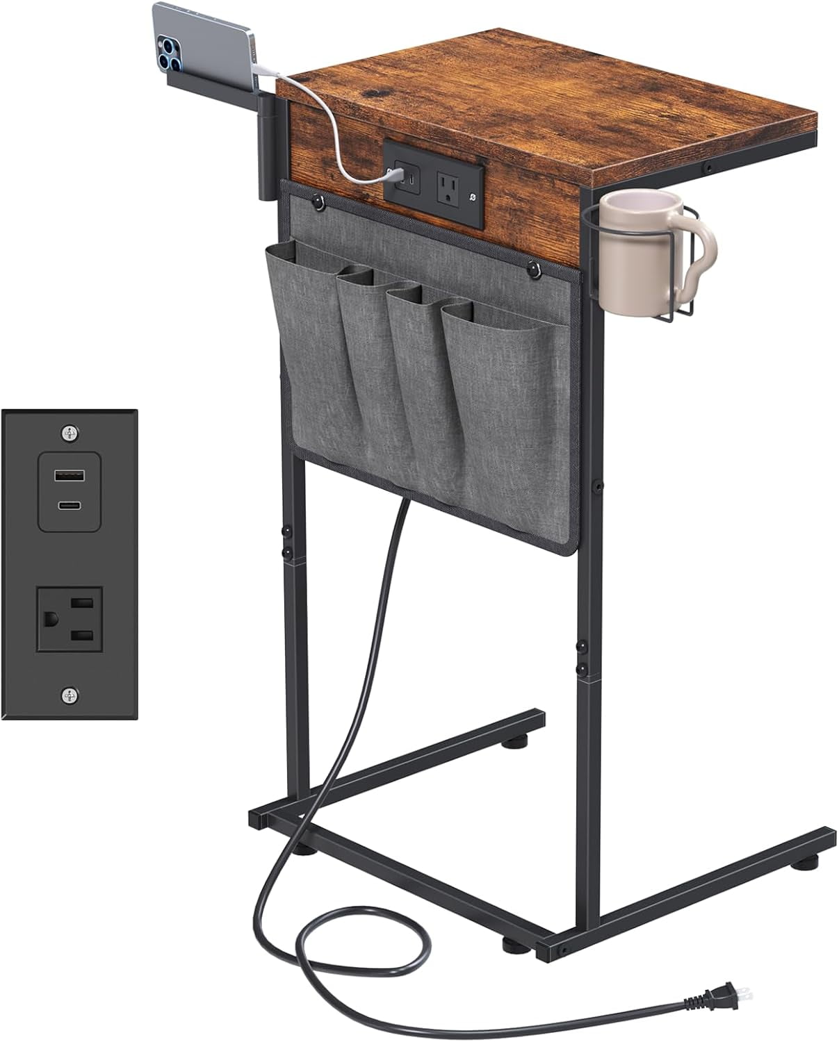 C Shaped End Table with Charging Station, Small TV Tray with Cup Holder ...