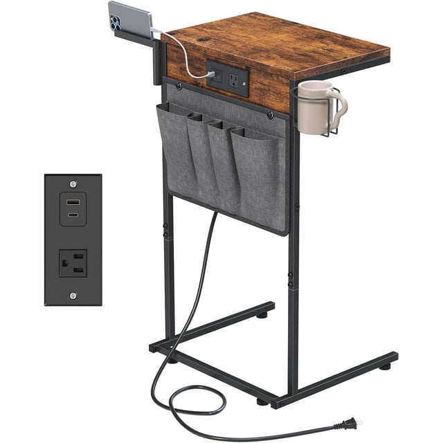 C Shaped End Table with Charging Station, Small TV Tray with Cup Holder and Phone Holder, Couch ...