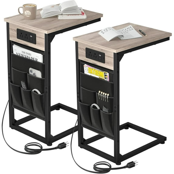 C Shaped End Table with Charging Station, TV Tray Set of 2, Couch ...