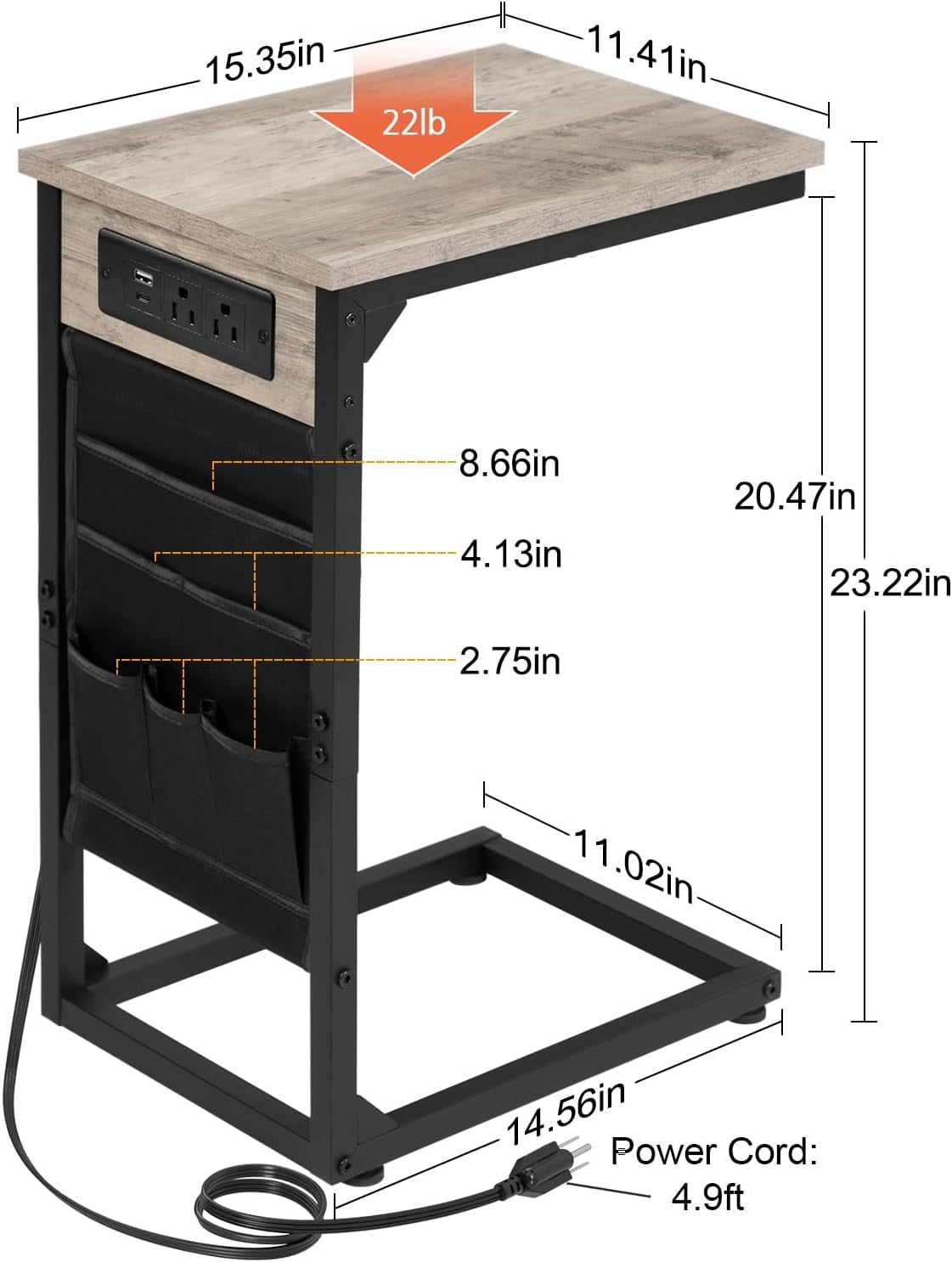 C Shaped End Table with Charging Station, TV Tray Set of 2, Couch ...