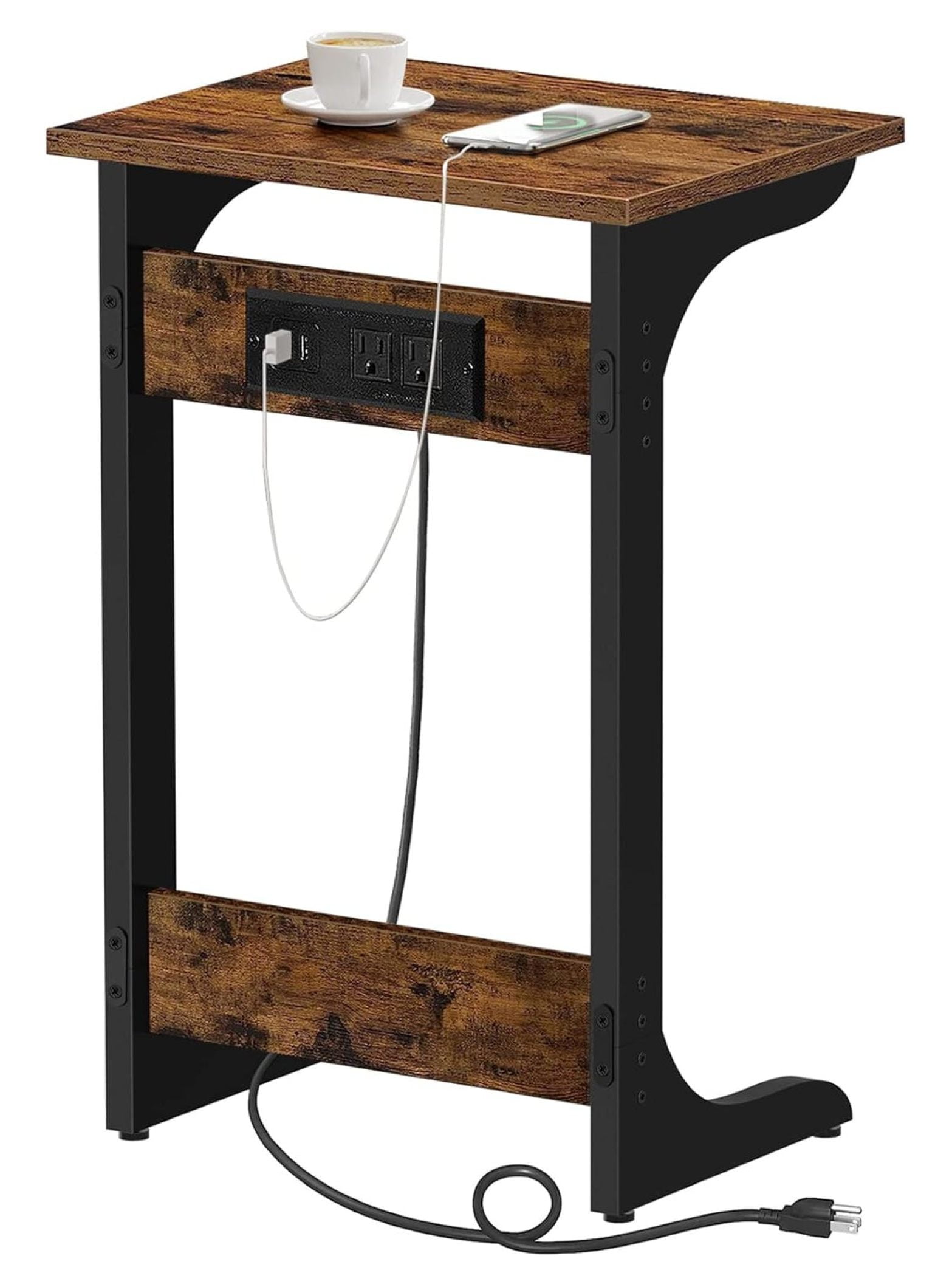 C Shaped End Table with Charging Station, Tv Tray Table with 2 USB ...