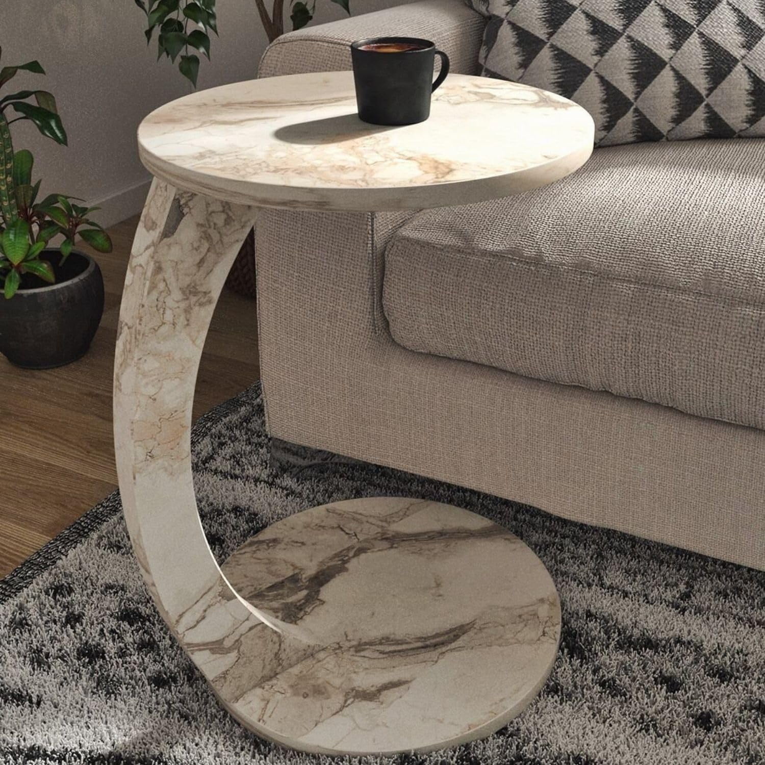 C Shaped End Table for Couch Small Places, Faux Marble White Space ...