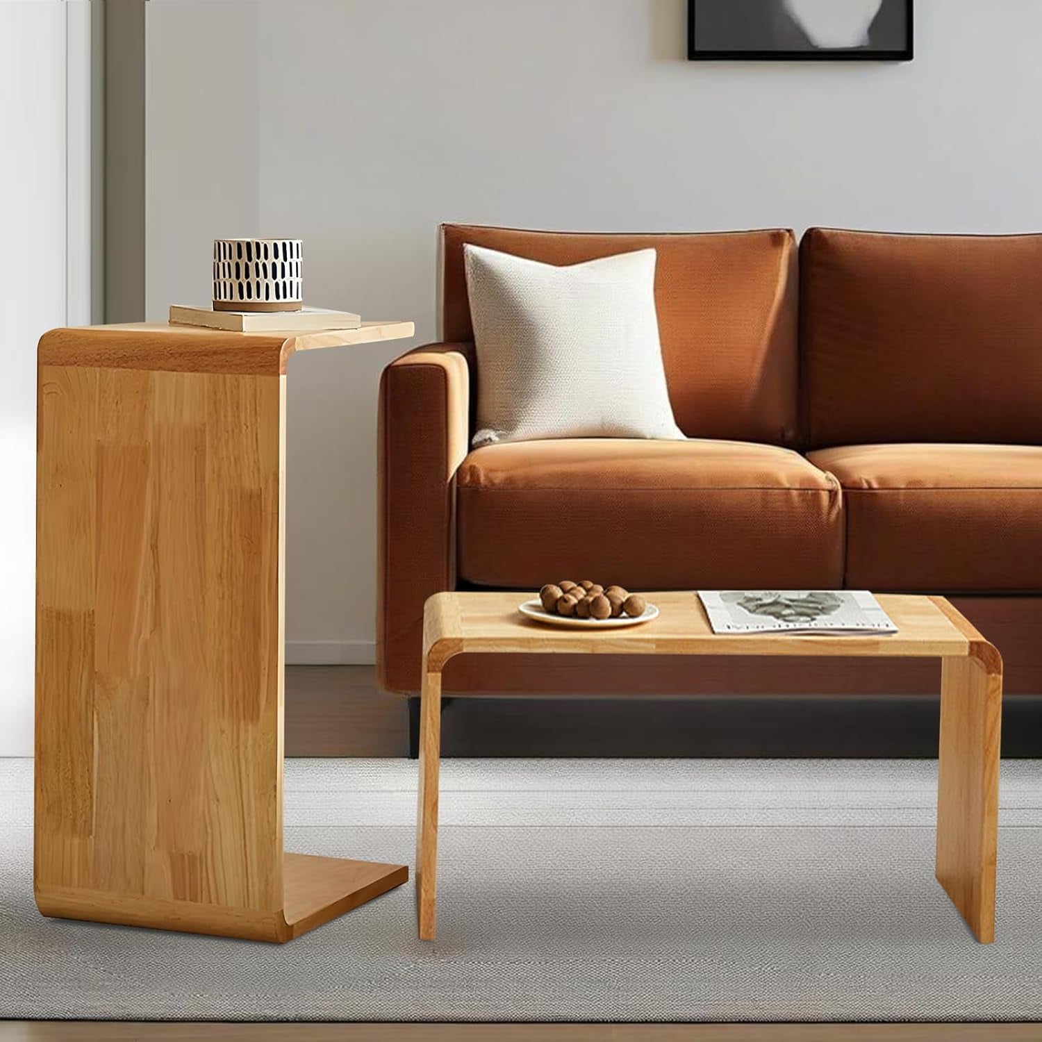 C Shaped End Table for Couch, Solid Wood End Table Living Room Narrow ...