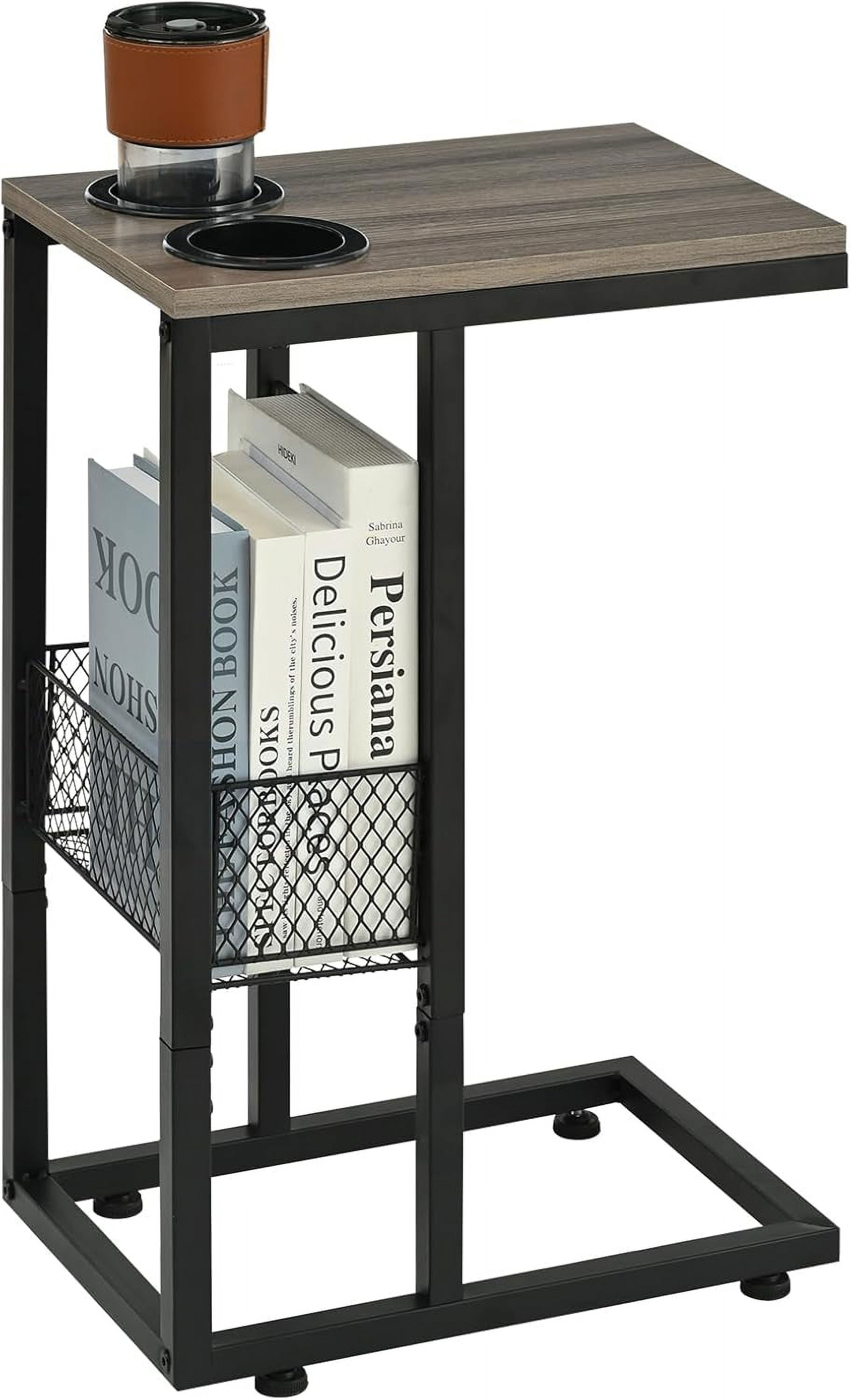 C Shaped End Table with Cup Holder, Small Side Table with Storage ...