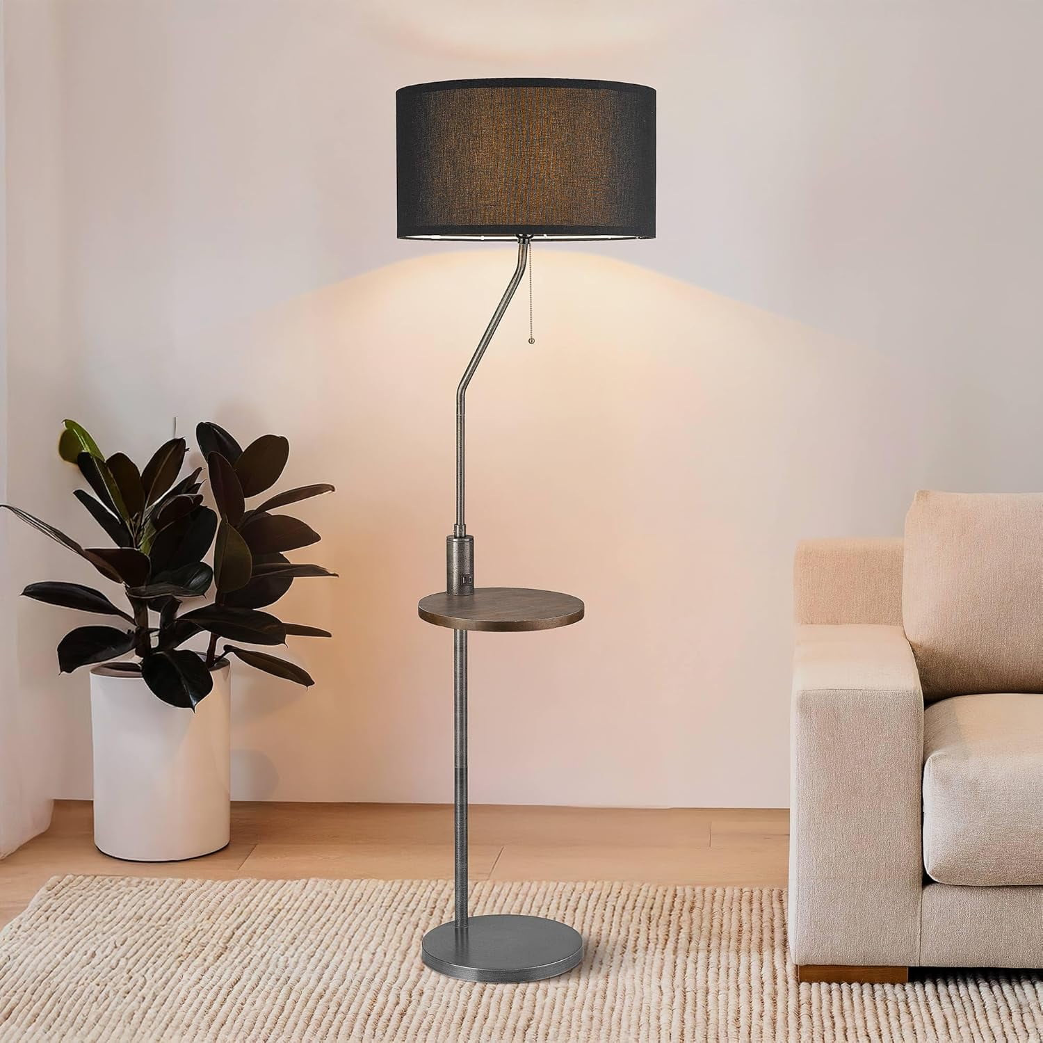 C Shaped End Table Floor Lamp with USB A+C Charging Ports Wood Side ...