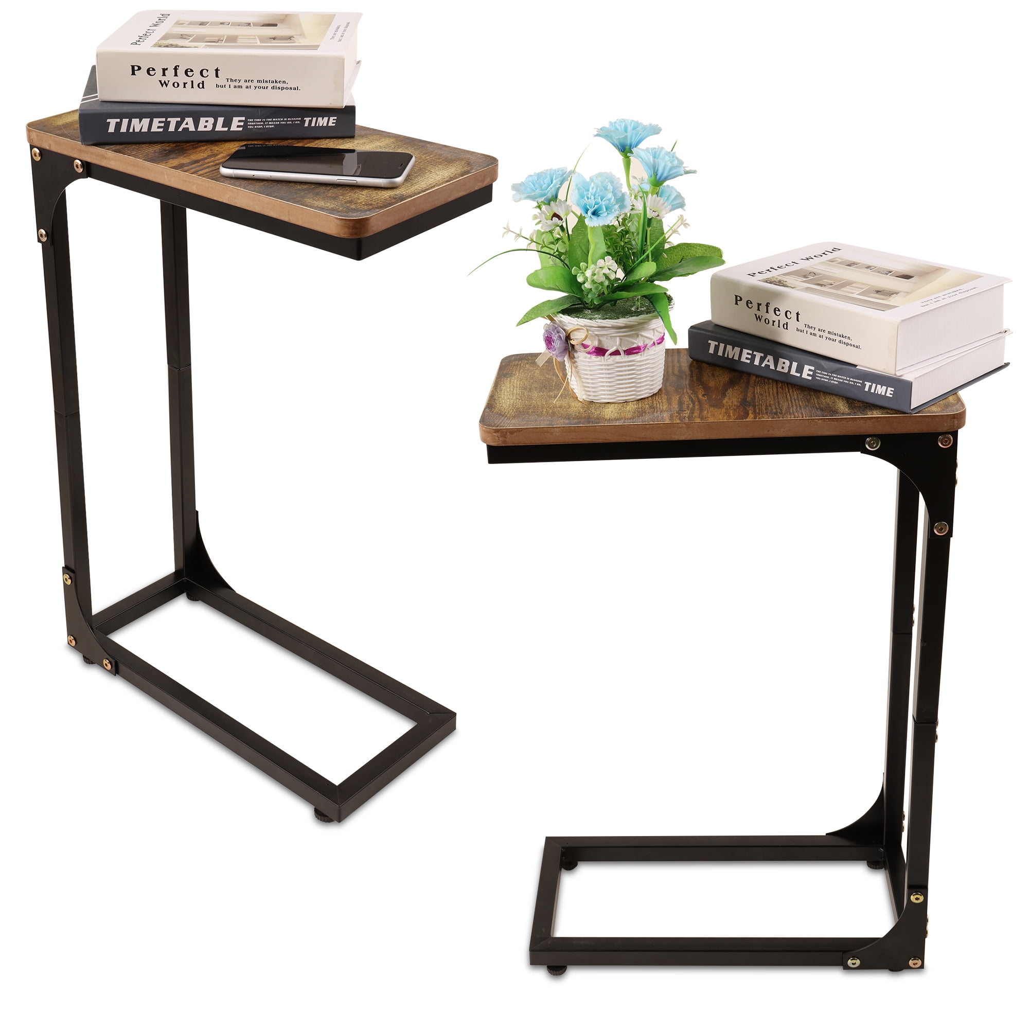 C Shaped End Table, Gloss Rustic Brown Side Table for Sofa and Bed ...