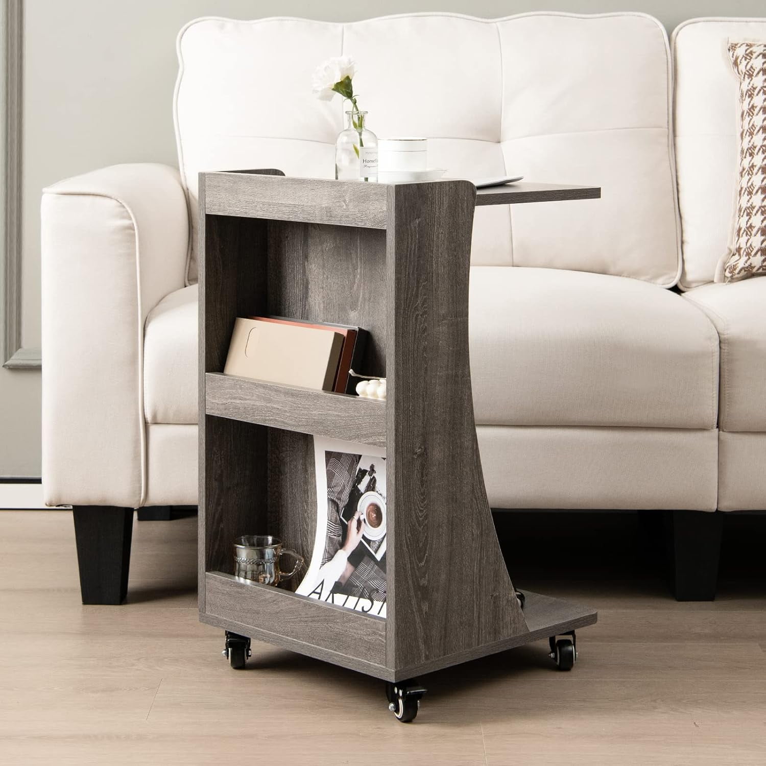 C Shaped End Table - Mobile 2-Tier Snack Side Table w/Back Storage ...